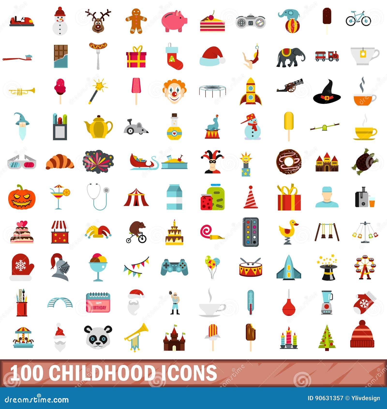 100 Childhood Icons Set, Flat Style Stock Vector - Illustration of ...