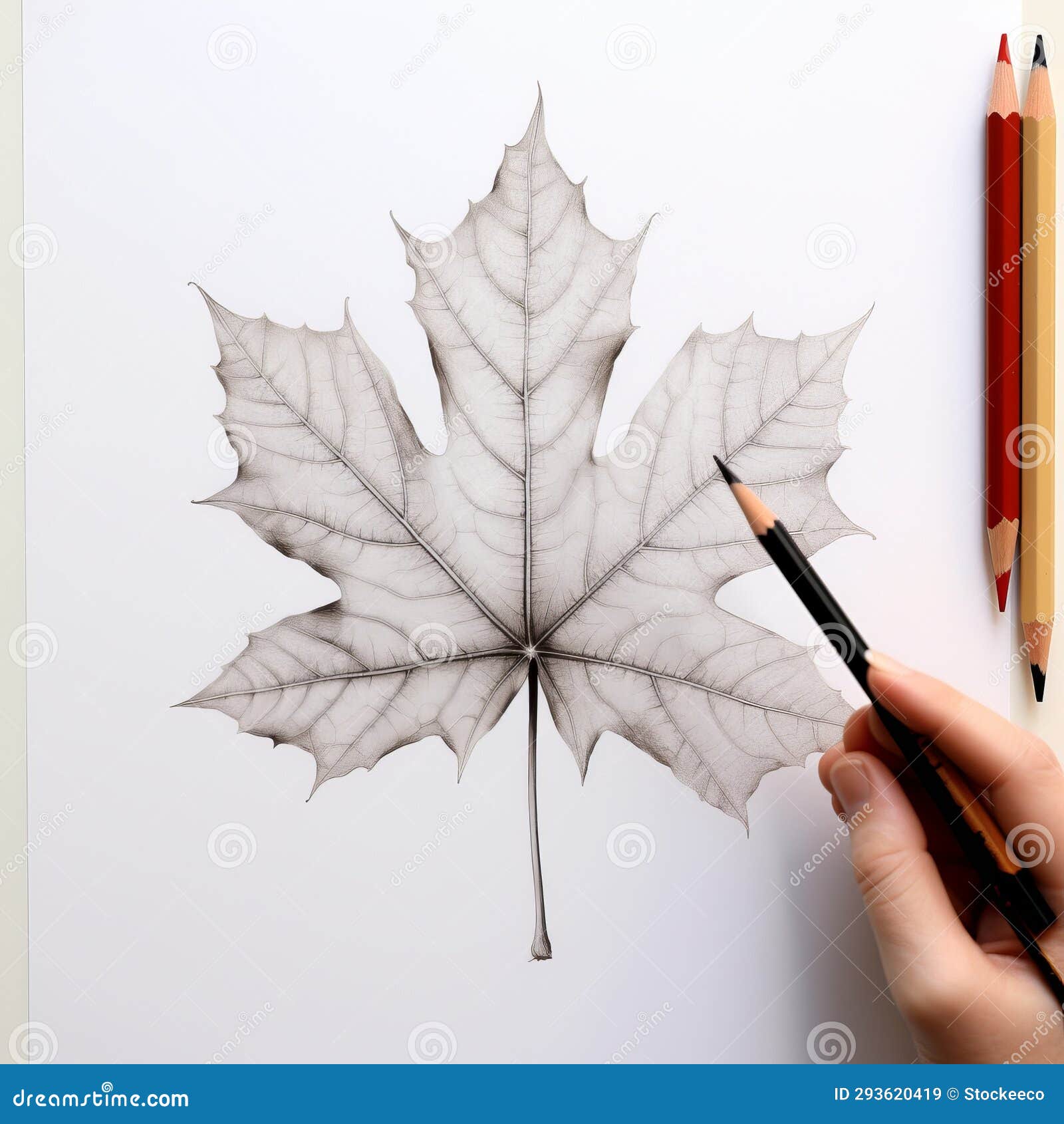Childhood Sketch: Maple Leaf Drawing with Pen and Pencil Stock ...
