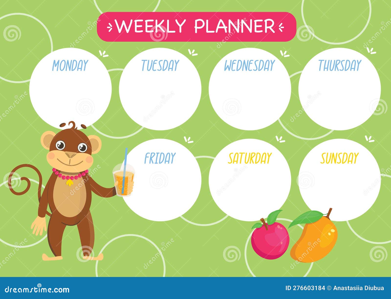 Childish Cute Week Planner. Horizontal. with a Cute Monkey Character ...