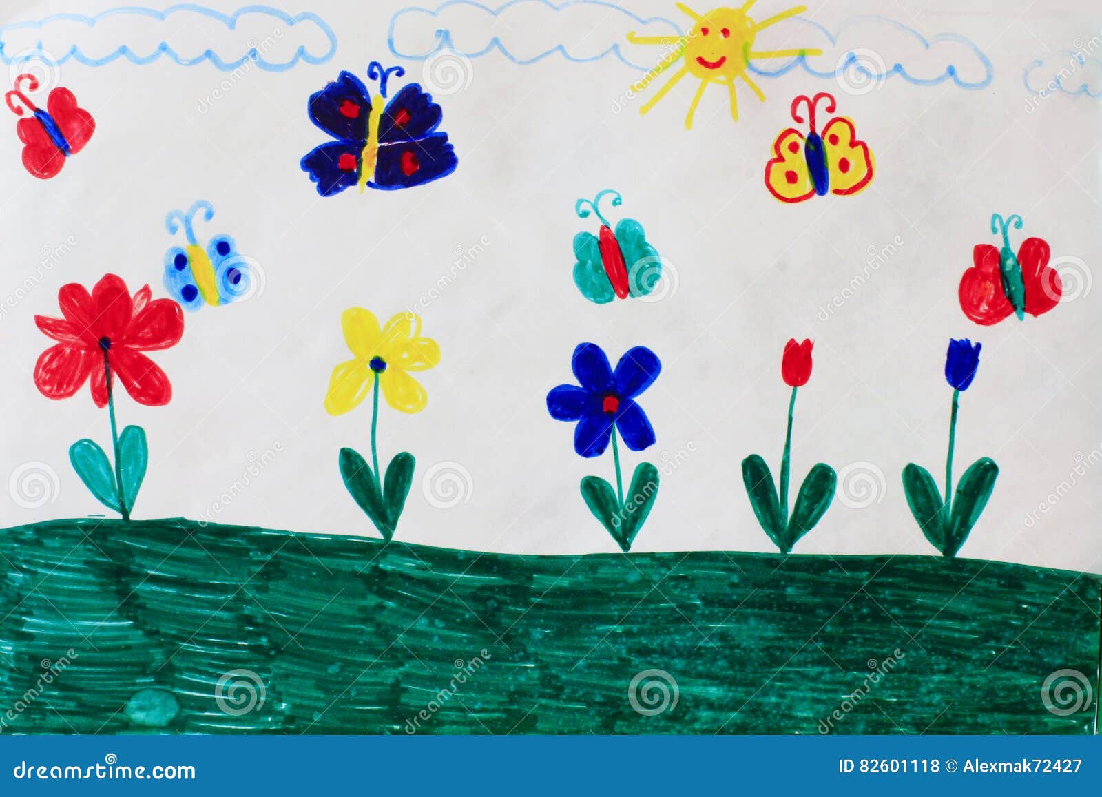 Childish Drawing of Butterflies and Flowers Stock Illustration ...
