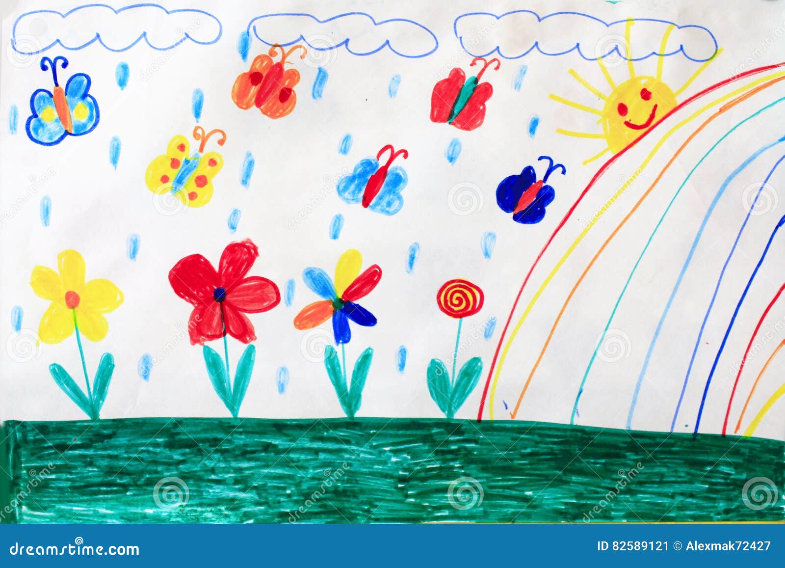 Childish Drawing with Butterflies Rainbow and Flowers Stock ...
