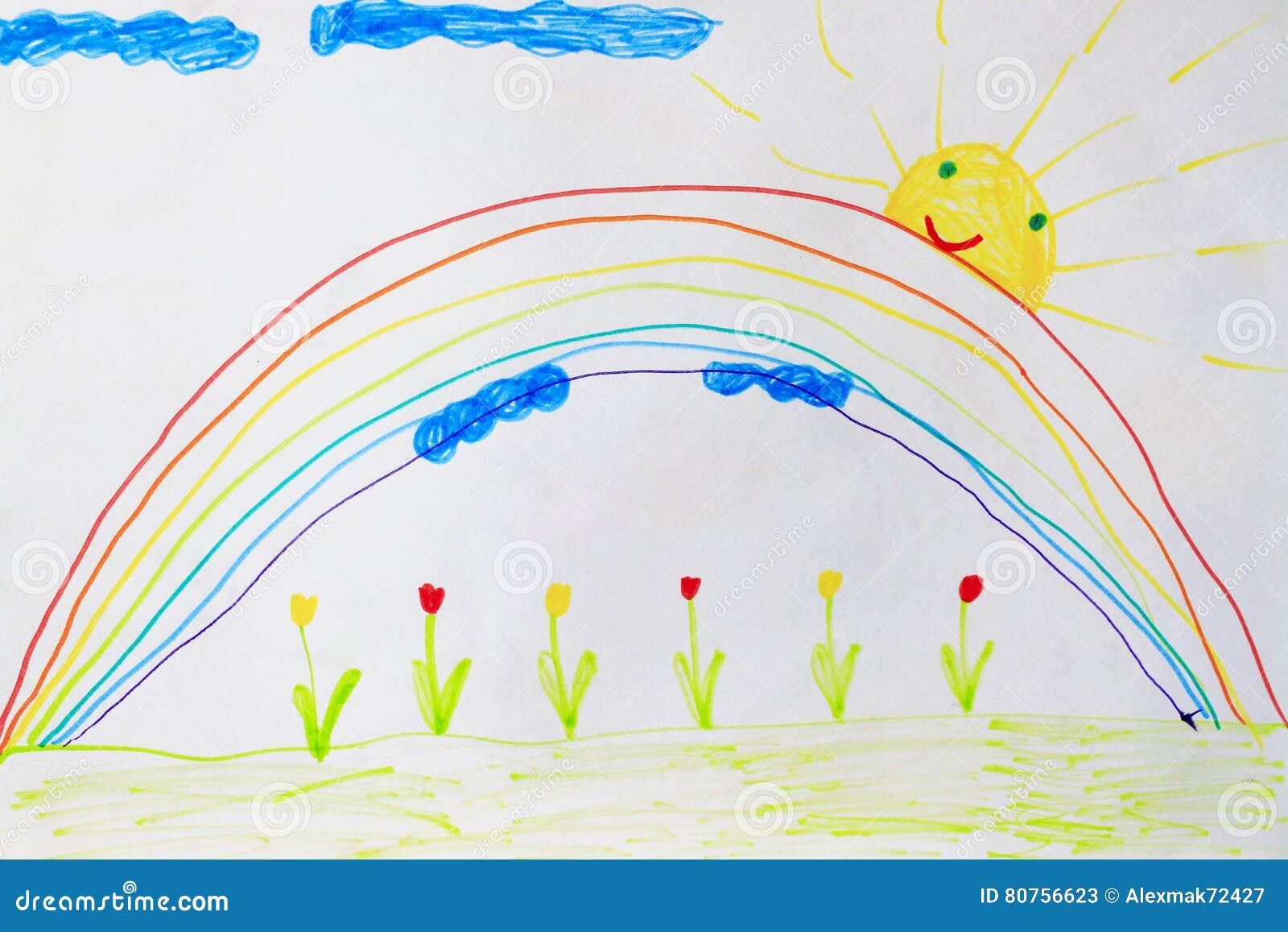 Childish Drawing of Flowers and Rainbow Stock Illustration ...