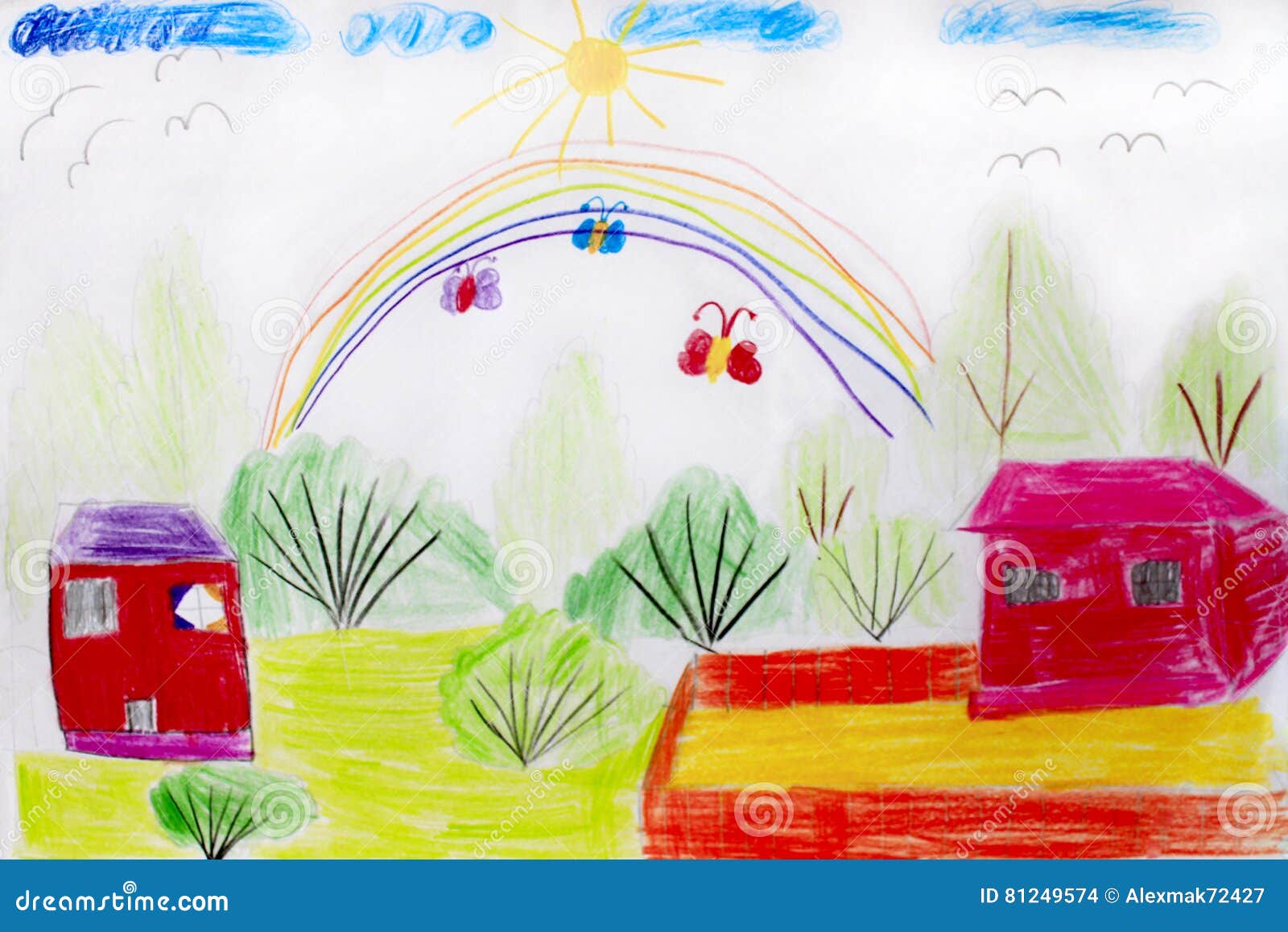 Childish Drawing of Funny House Flowers and Rainbow Stock Illustration ...