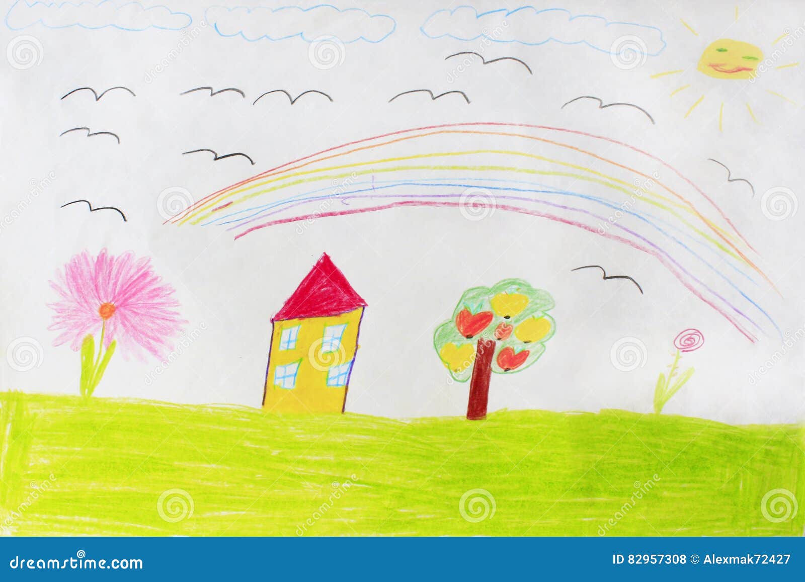 Childish Drawing of House Tree and Rainbow Stock Illustration ...