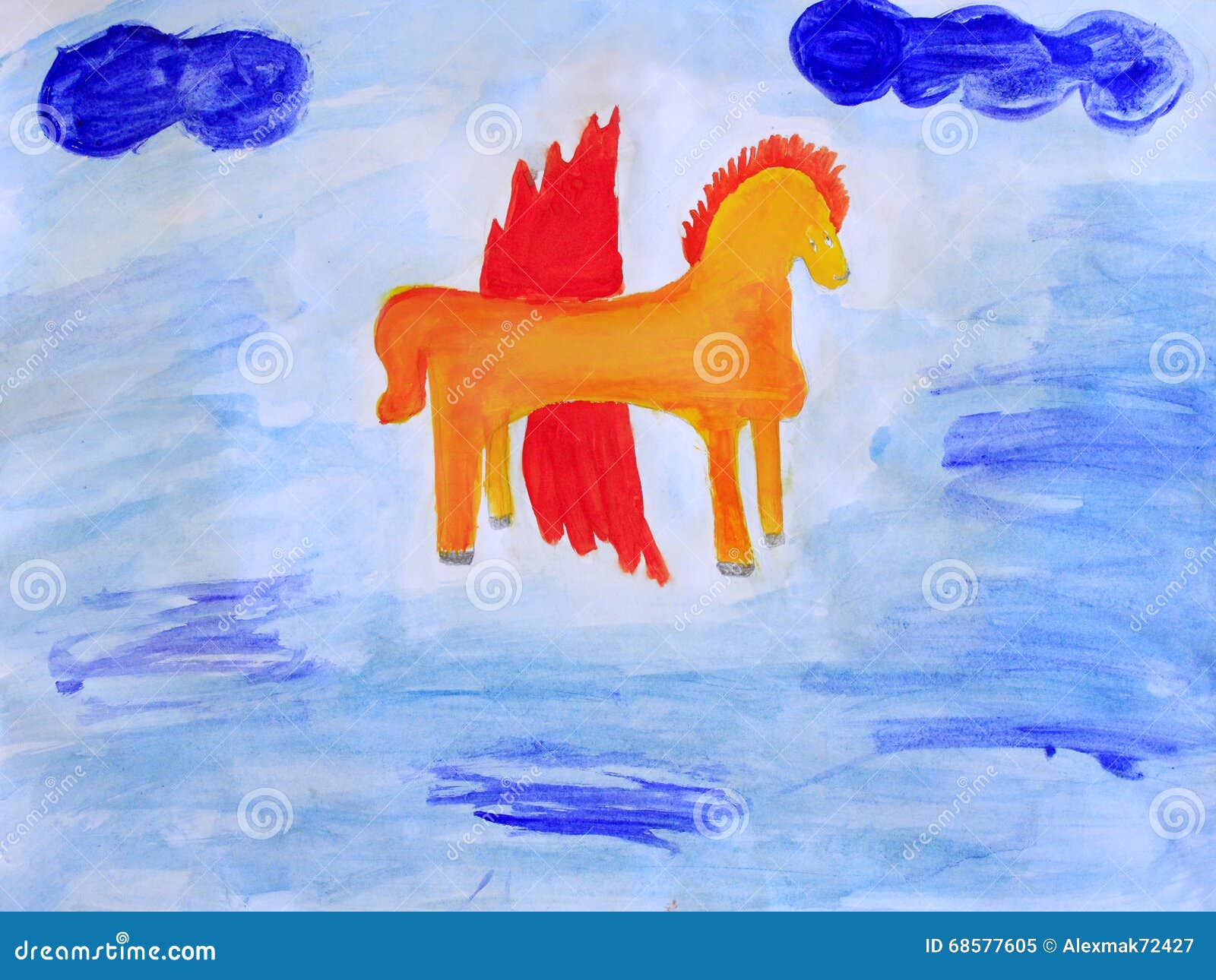 Childish Drawing of Pegasus on the Blue Stock Illustration ...