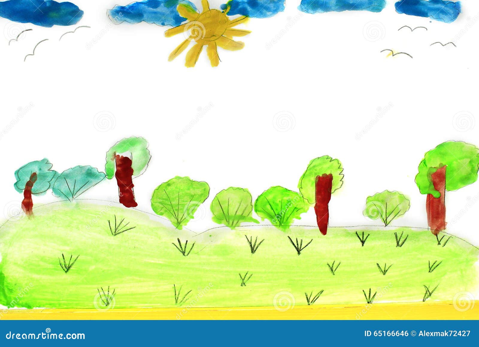Childish Drawing of Summer with Trees and Bush Stock Illustration ...