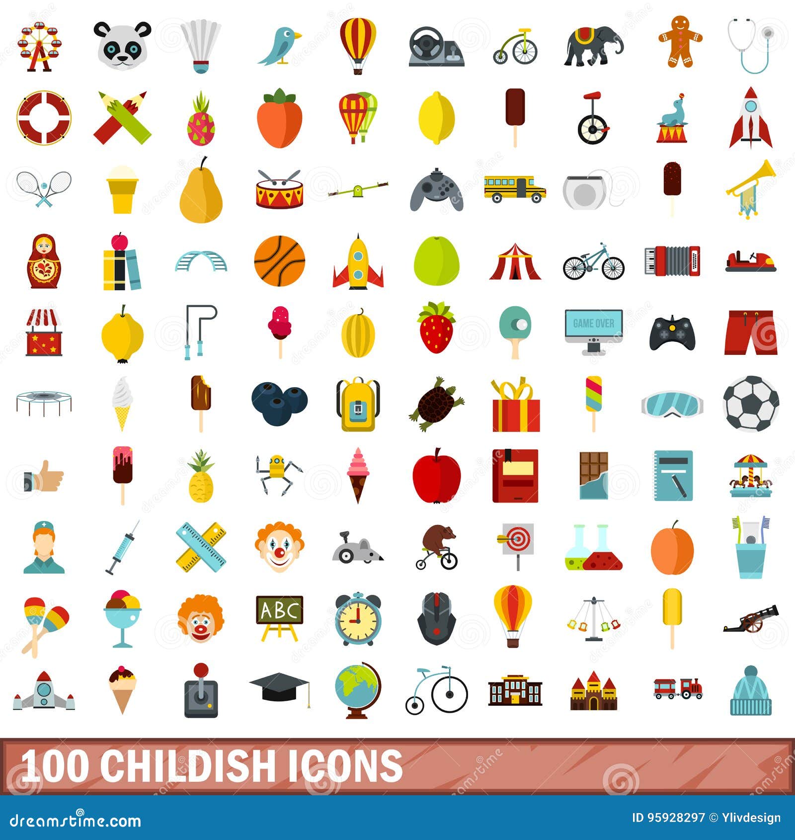 100 Childish Icons Set, Flat Style Stock Vector - Illustration of bear ...