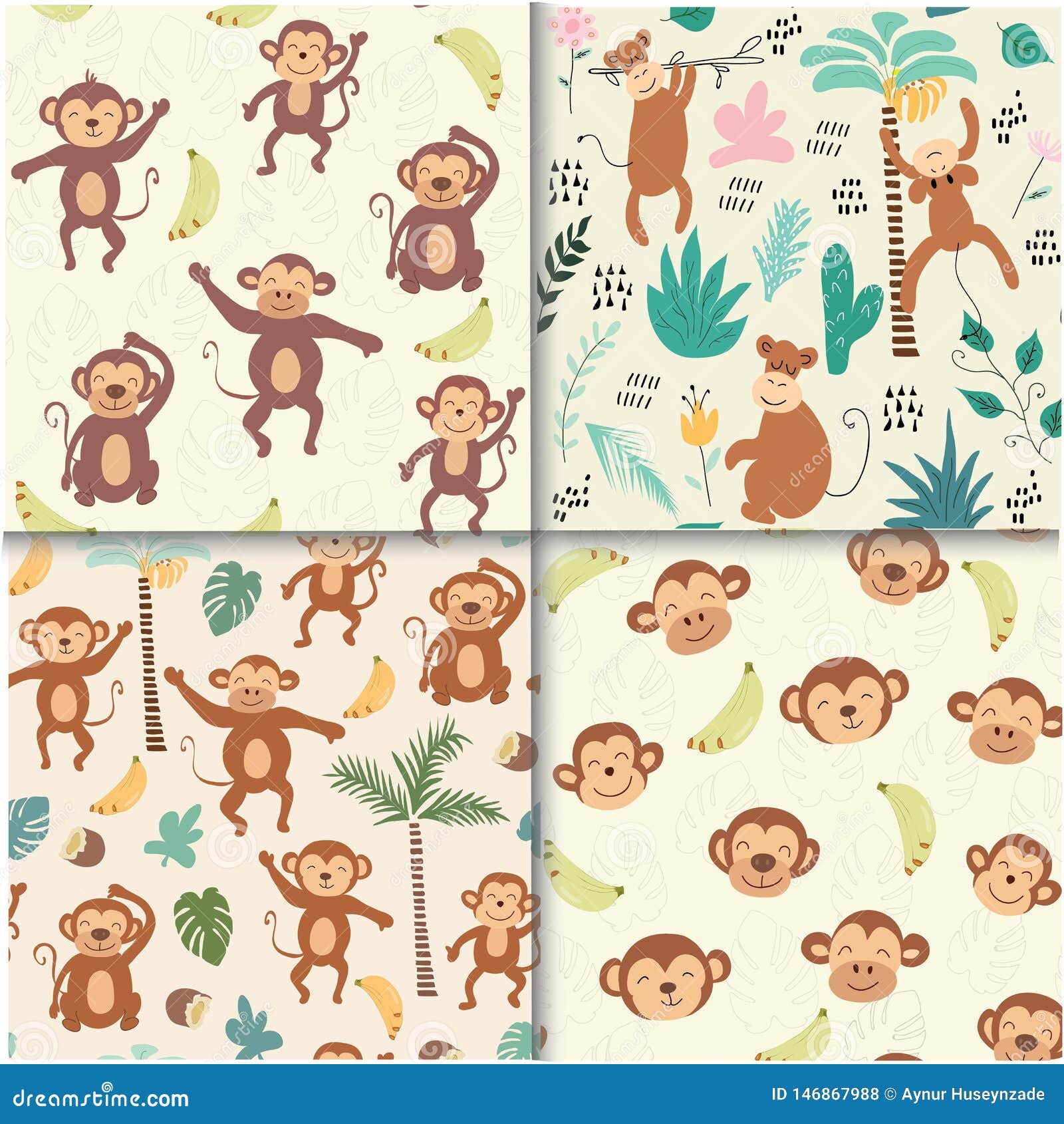 Childish Jungle Texture with Monkeys and Jungle Elements. Seamless ...