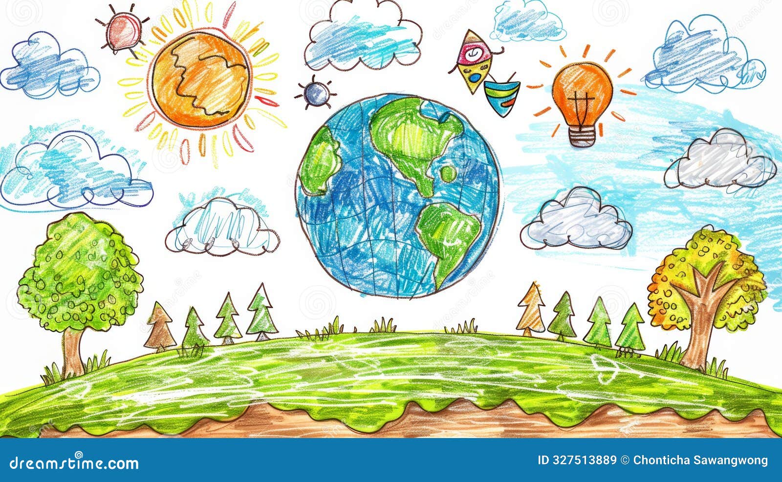 Childlike Drawing of the Earth with Trees, Clouds, and a Sun Stock ...