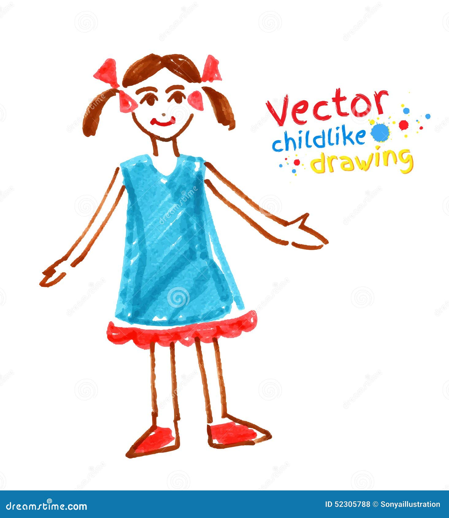 Childlike drawing of girl stock vector. Illustration of cute - 52305788