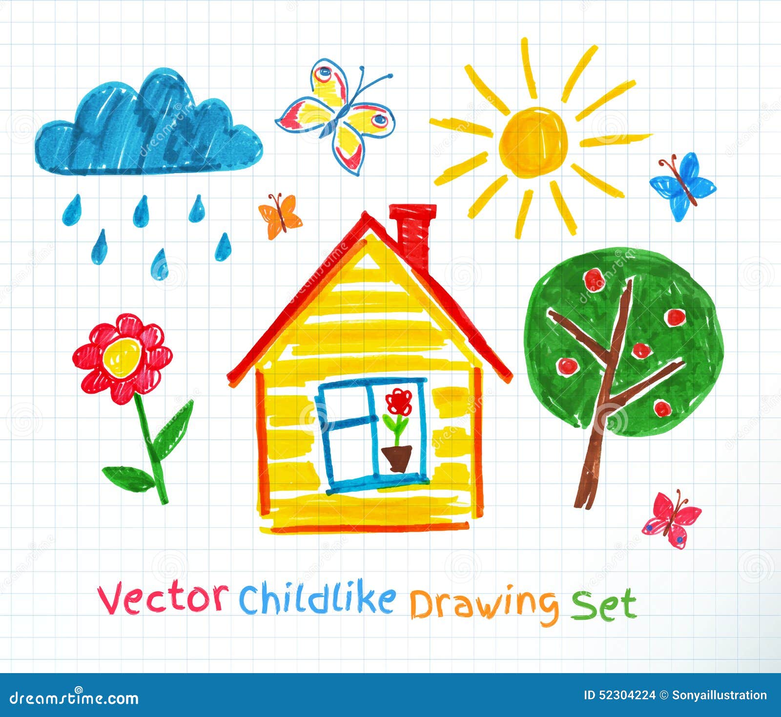 Childlike Drawing Set Vector Illustration | CartoonDealer.com #52304224
