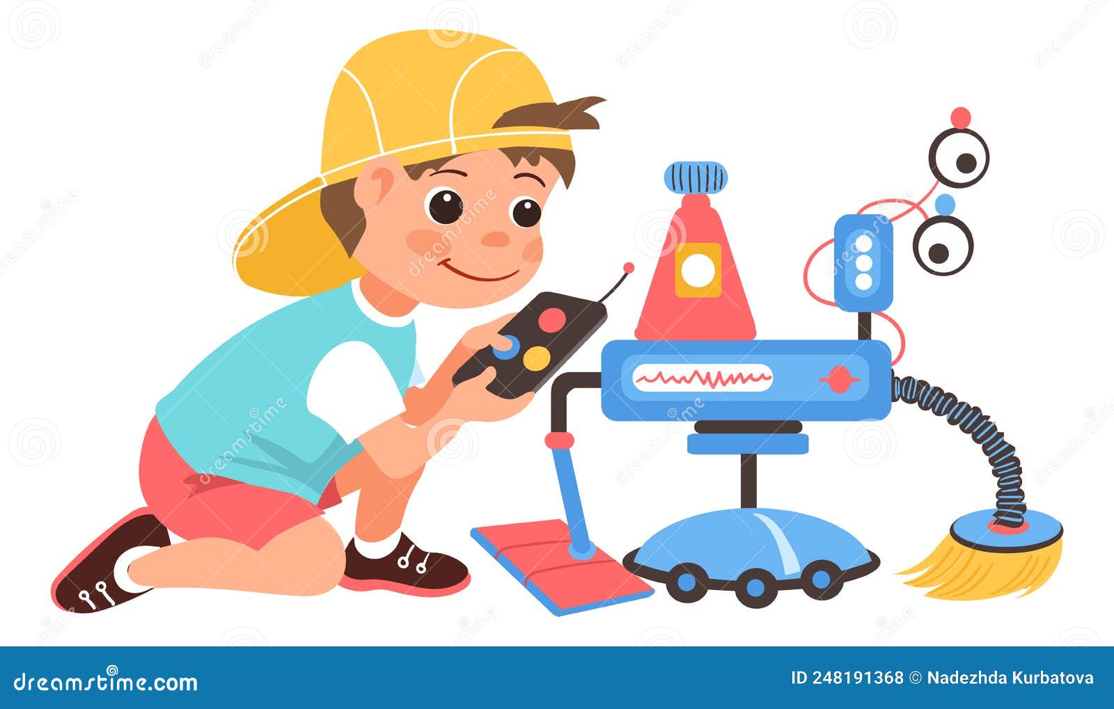 Children Assemble Robot. Boy Controls Automated Cleaning Machine ...