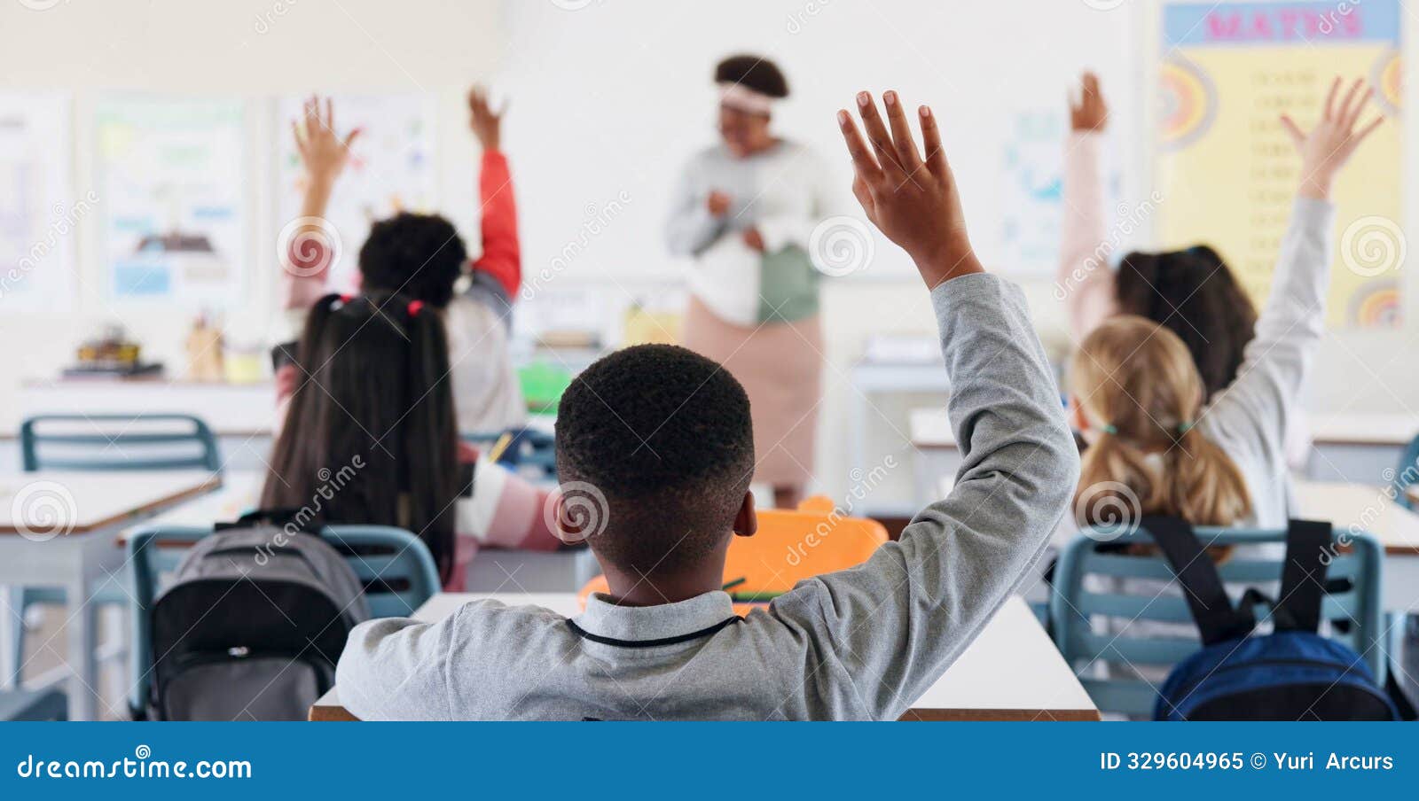 Children, Back and Hands Raised in Classroom with for Question, Answer ...