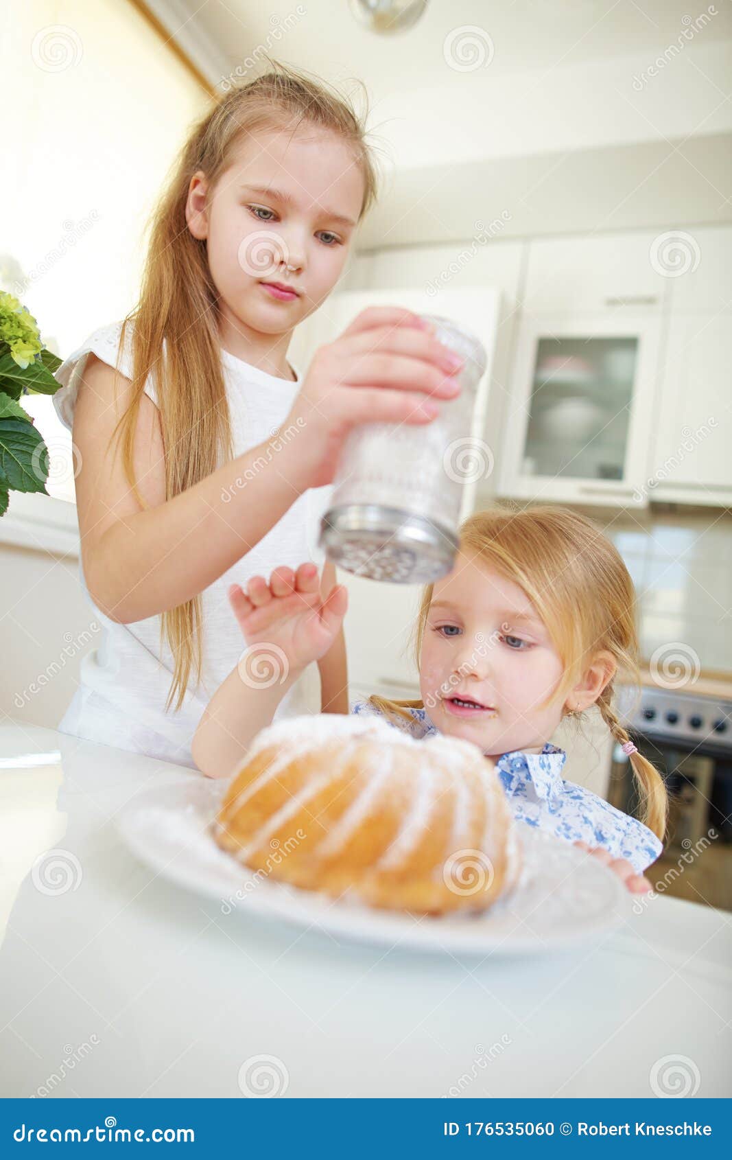 Children Bake Cakes and Decorate with Powdered Sugar Stock Photo ...