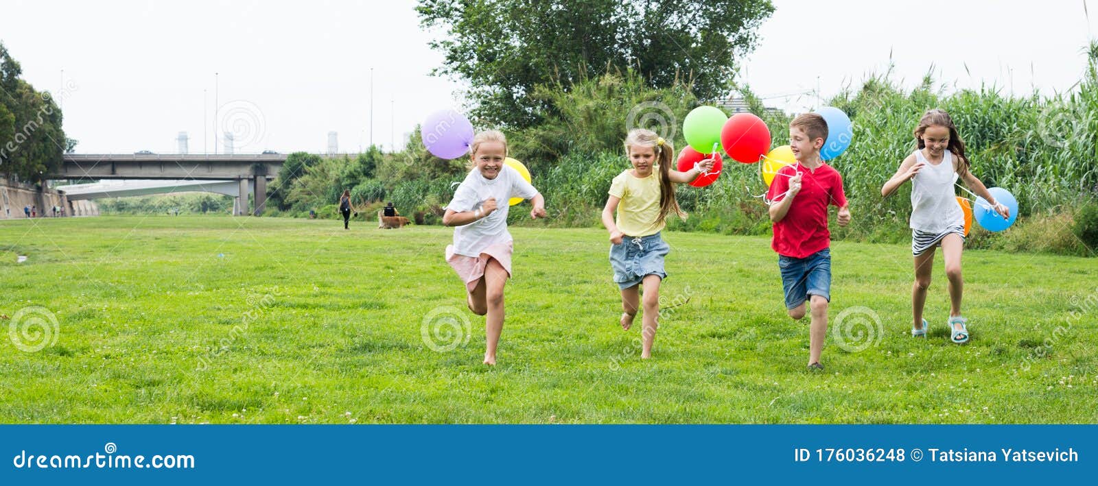 Children with Balloons Run in the Summer Park Stock Photo - Image of ...