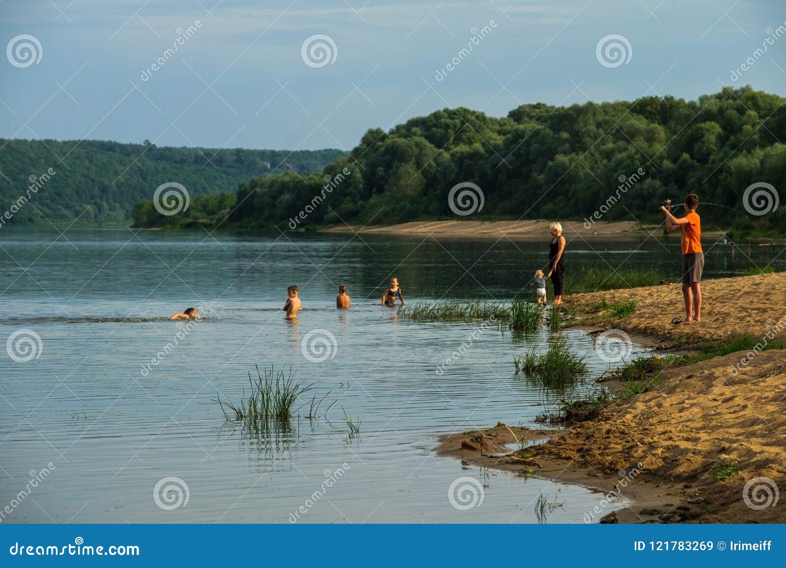 Children Bathe and Fish on the River Bank Editorial Stock Image - Image ...
