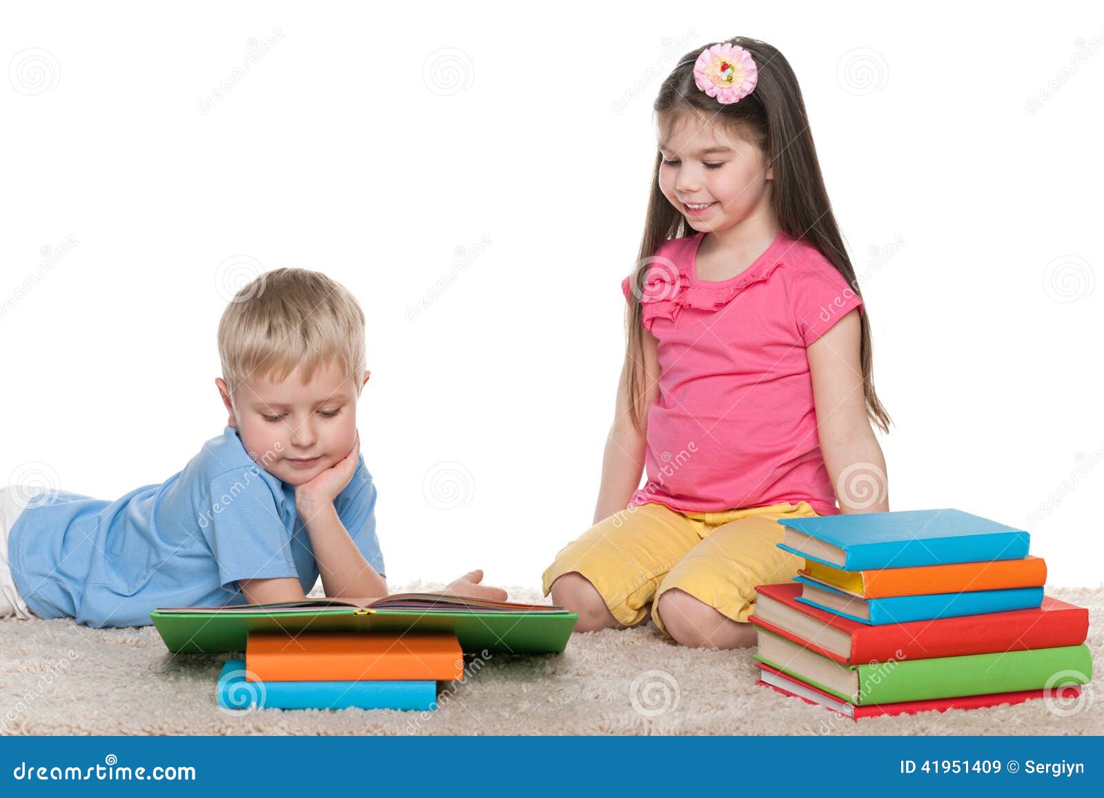 Children with Books on the Floor Stock Image - Image of caucasian ...
