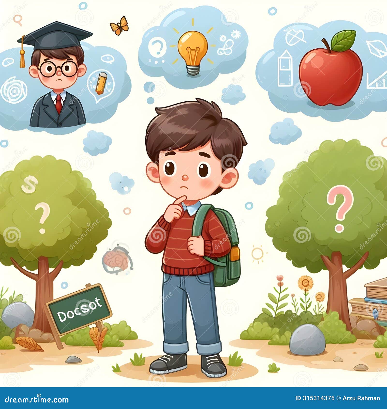 Children Boy Stand Thinking Bundle Stock Illustration - Illustration of ...