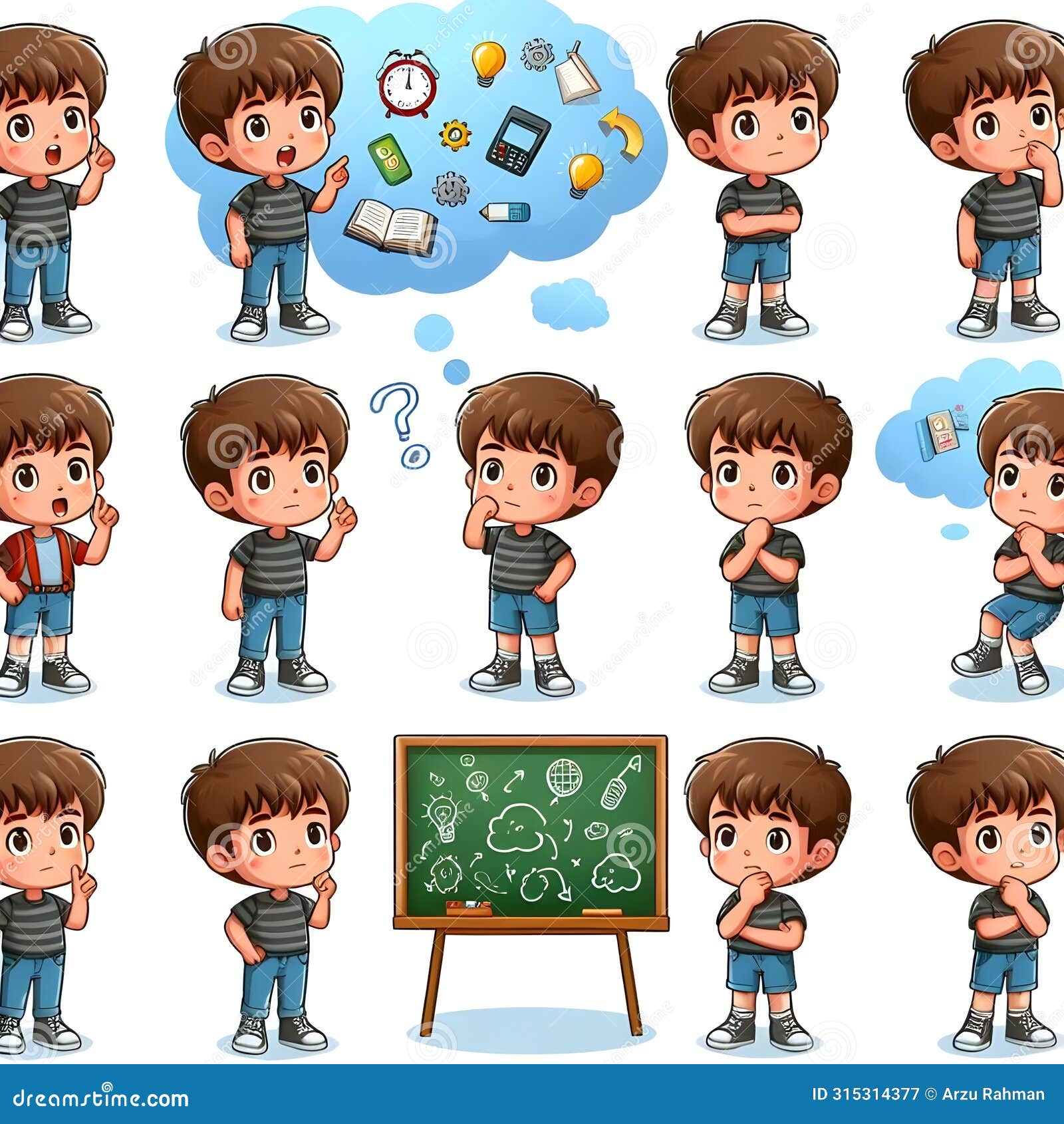 Children Boy Stand Thinking Bundle Stock Illustration - Illustration of ...