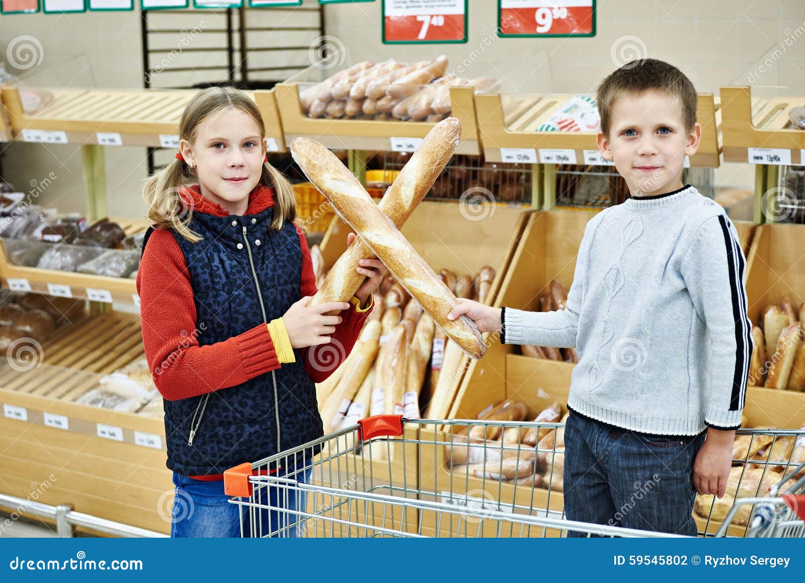 Children with Bread in Supermarket Stock Photo - Image of childhood ...