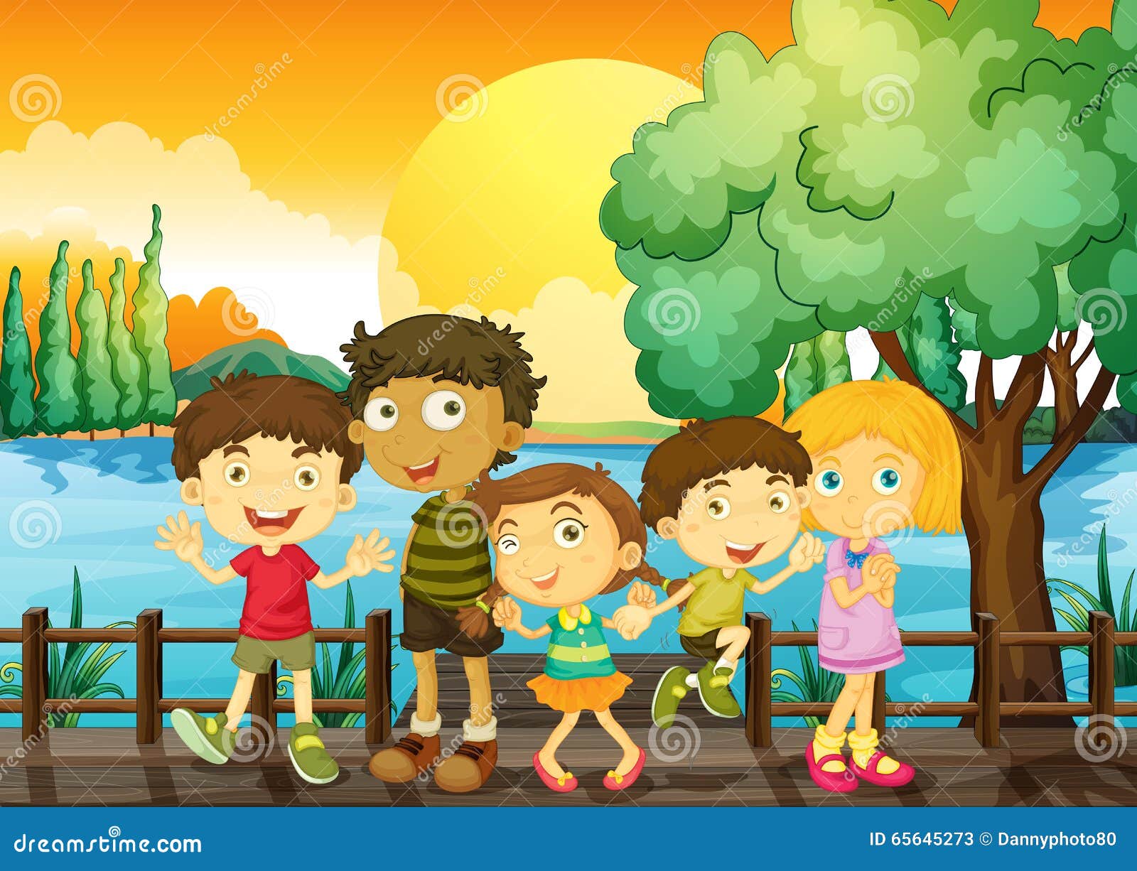 Children on the Bridge at Sunset Stock Vector - Illustration of child ...