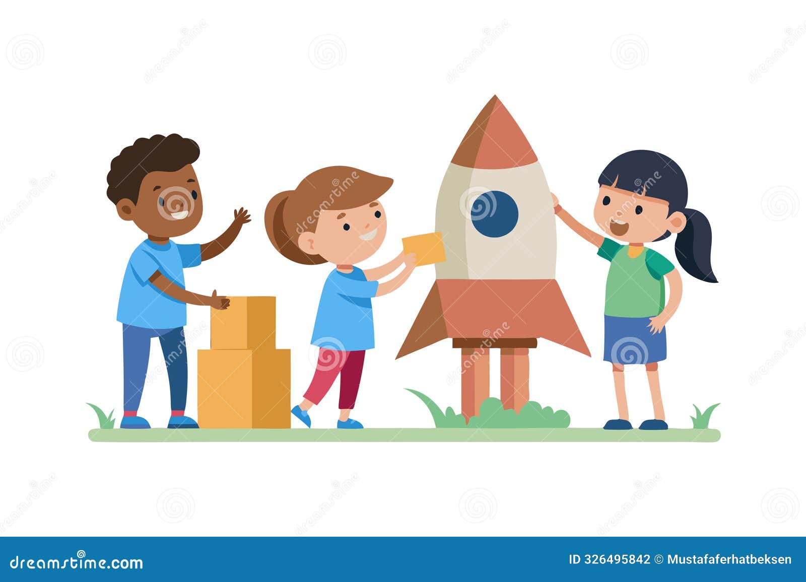 Children Building a Cardboard Rocket Together As a School Project in a ...