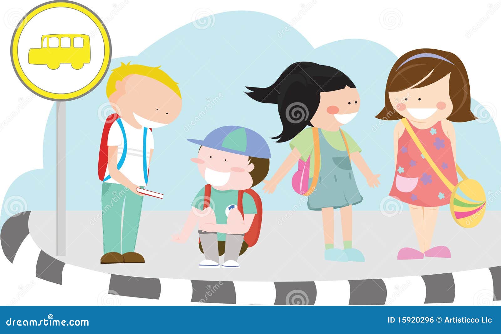 Children at bus stop stock vector. Illustration of ride - 15920296