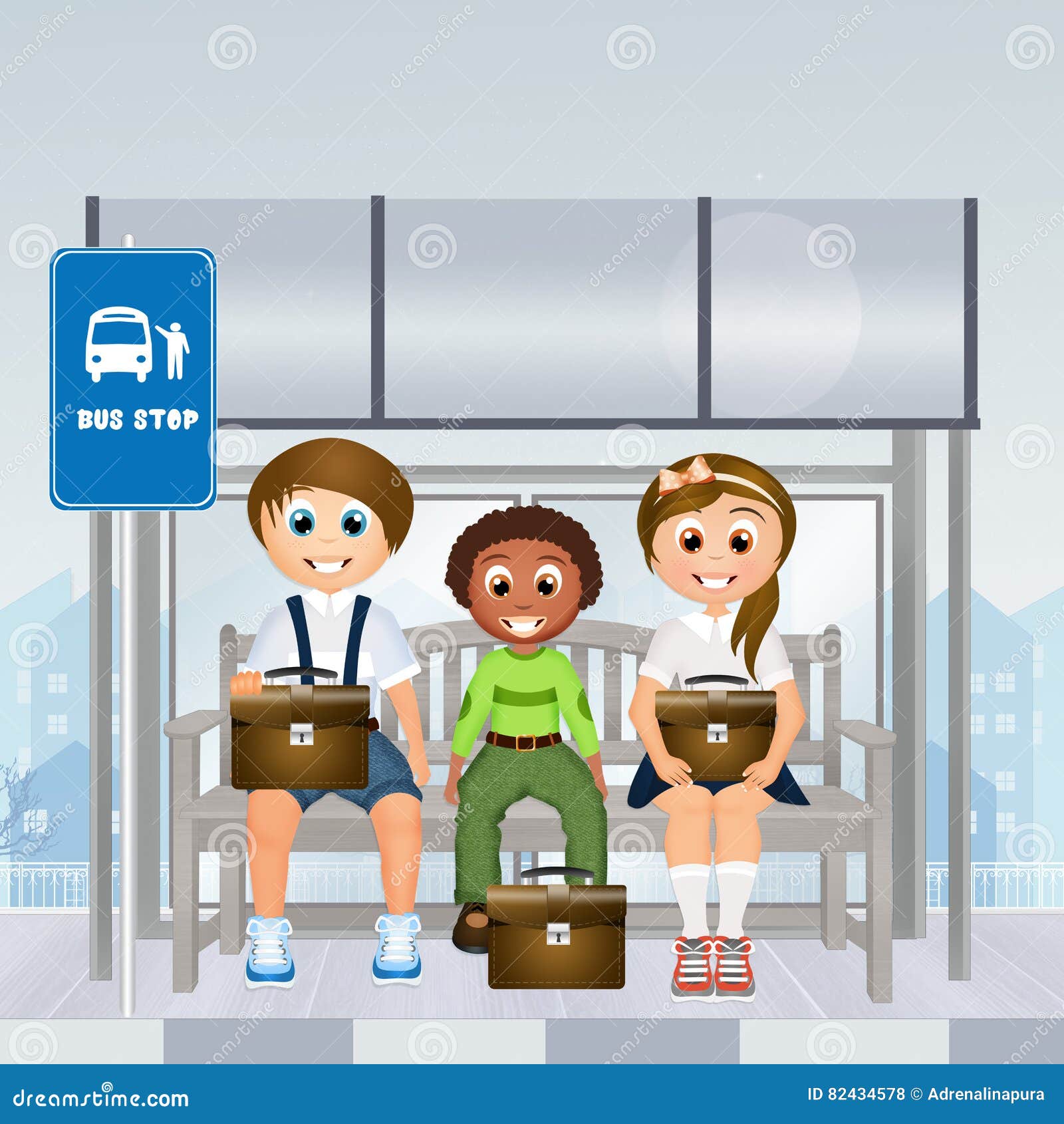 Children at the bus stop stock illustration. Illustration of students ...