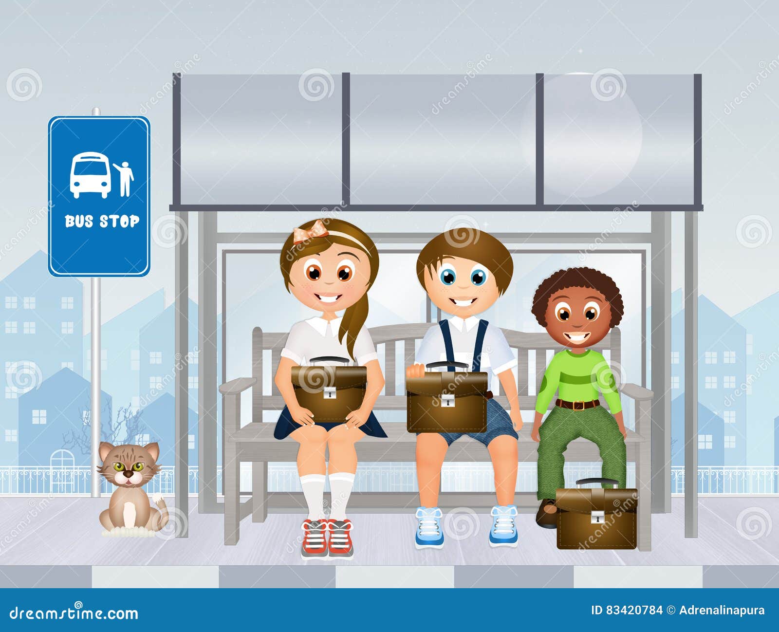 Children at the bus stop stock illustration. Illustration of passengers ...