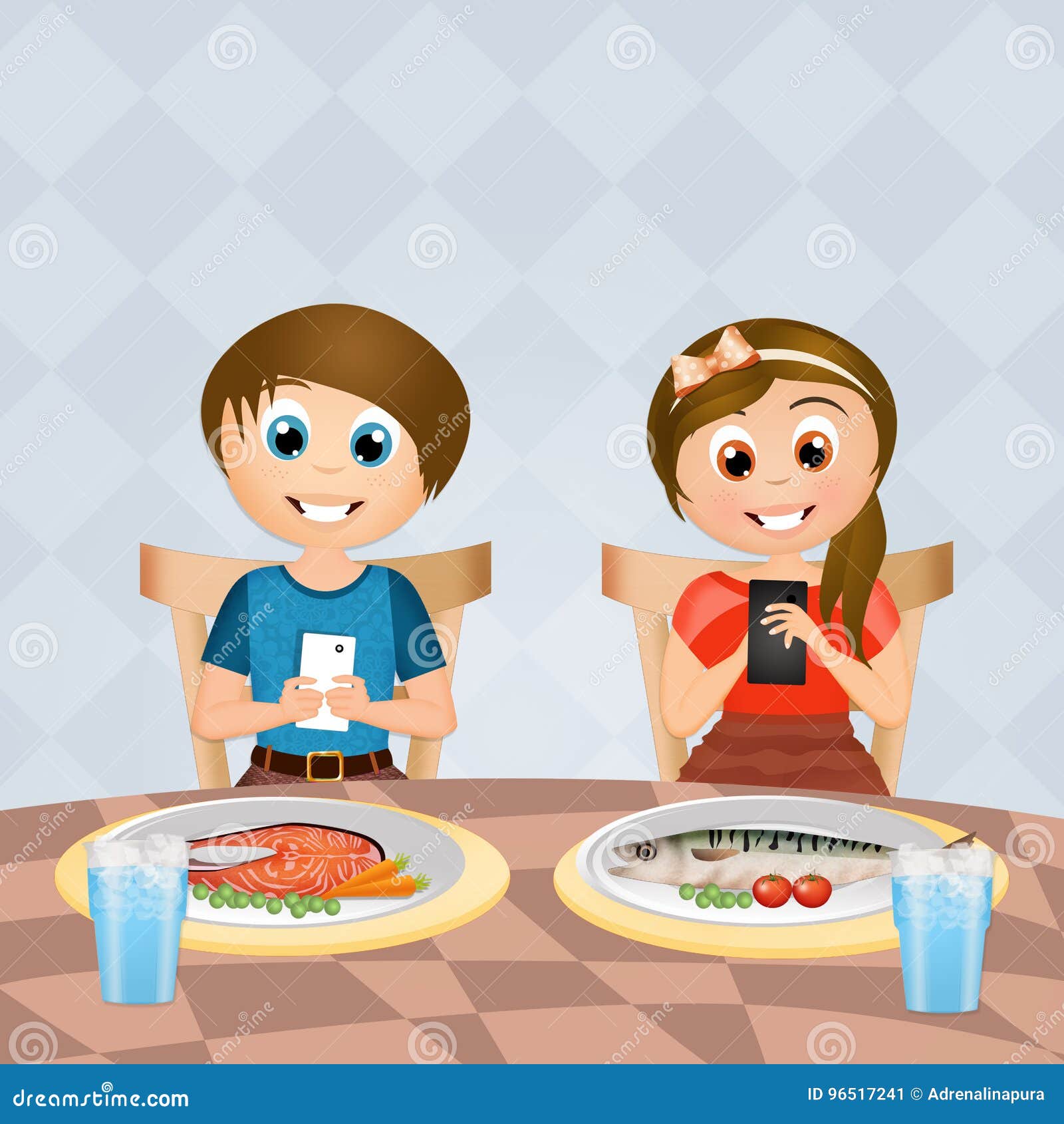 Children with Cell Phone at Table Stock Illustration - Illustration of ...