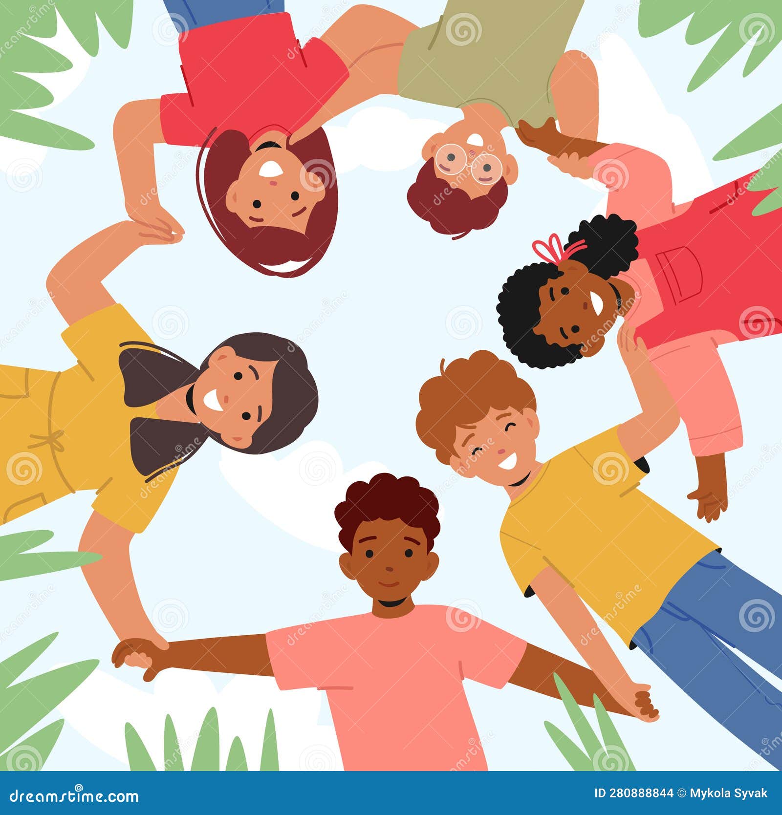 Children Characters Stand in Circle, Holding Hands, Looking Down ...