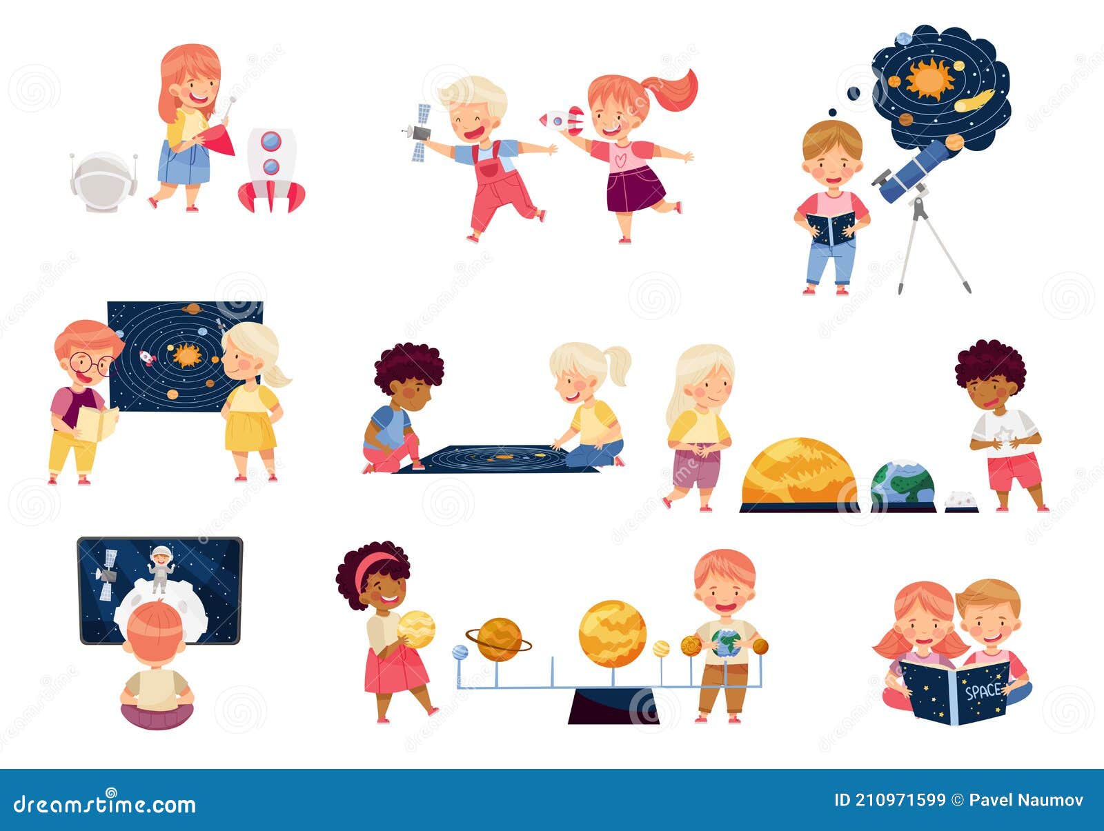 Children Characters Studying Space and Galaxy Examining Solar Planets ...