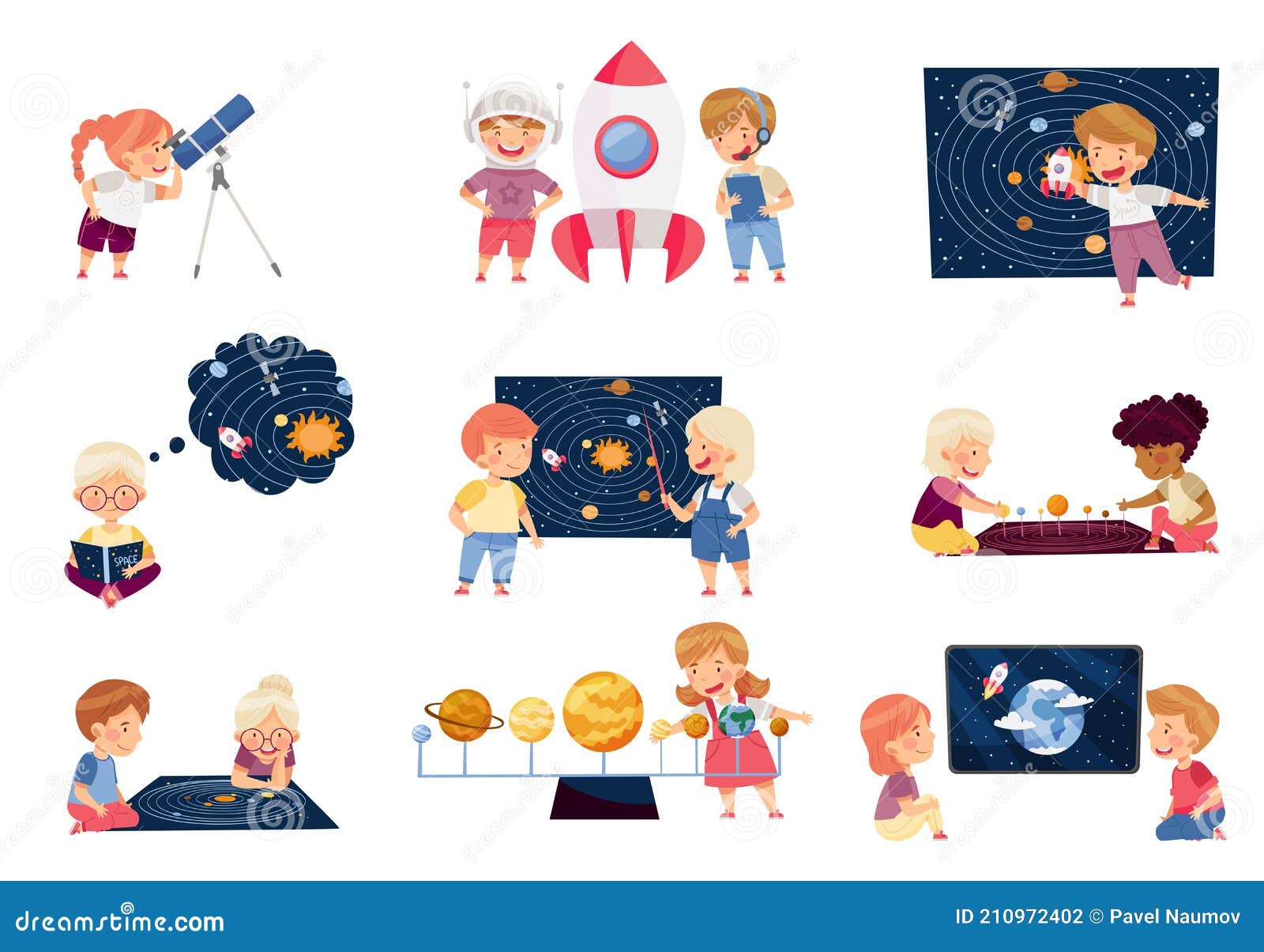 Children Characters Studying Space and Galaxy Examining Solar Planets ...