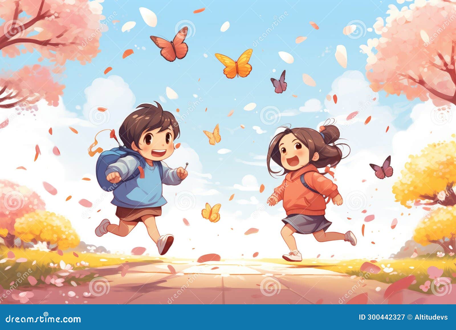 Children Chasing Butterflies Cartoon Vector | CartoonDealer.com #7800279