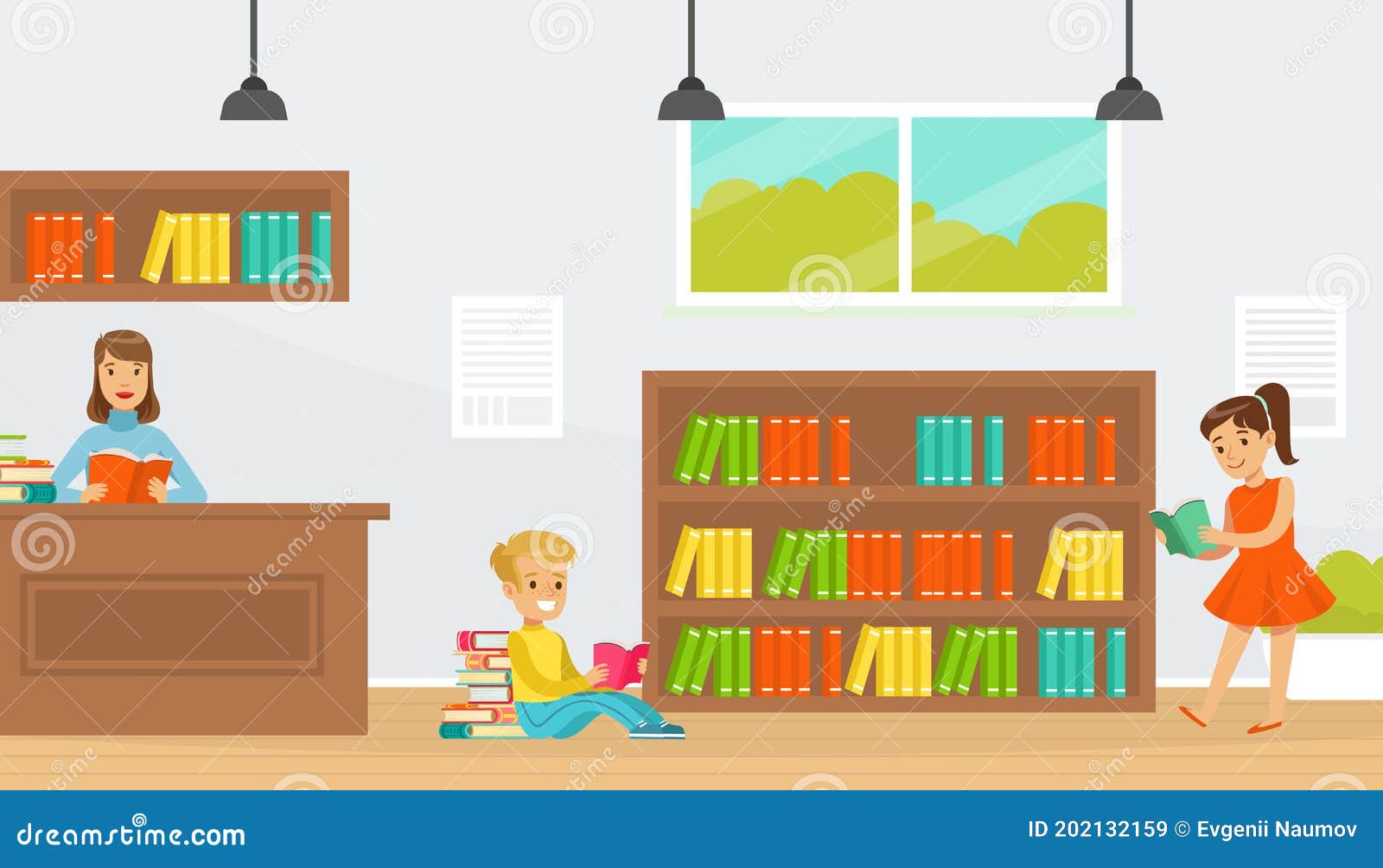 Children Choosing and Reading Books, Library Interior with Elementary ...