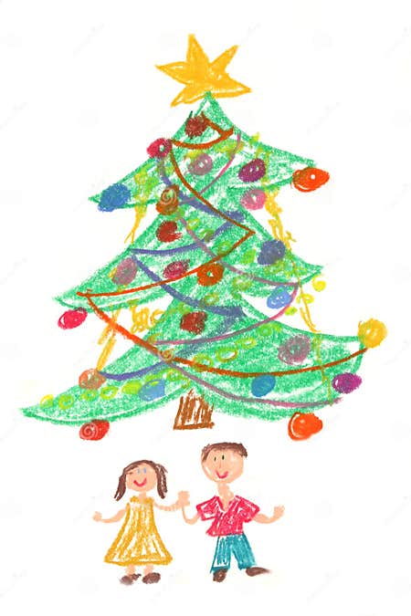 Children and Christmas Tree - Drawing Stock Illustration - Illustration ...