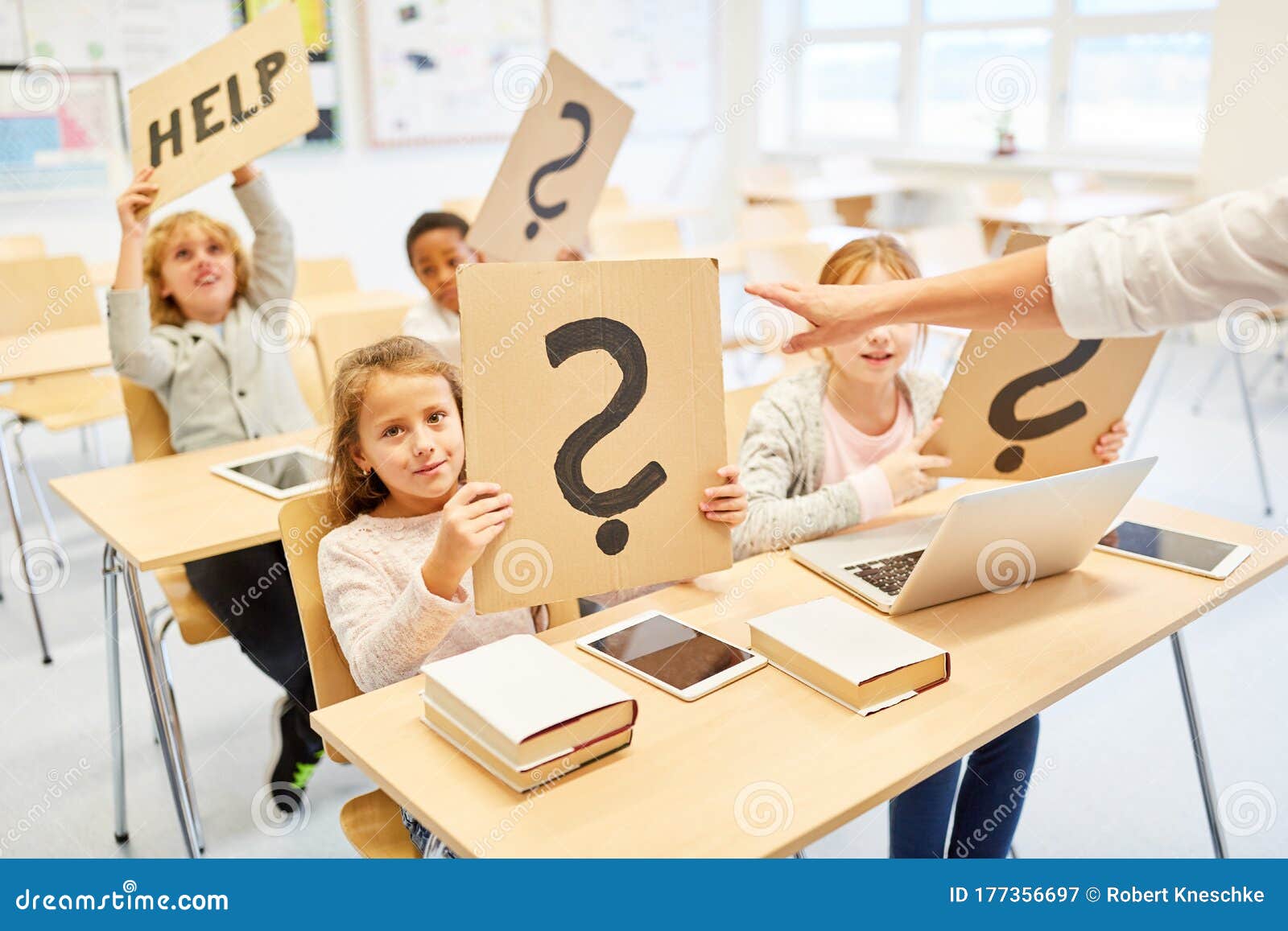 Children in Class from Elementary School Hold Question Marks Stock ...