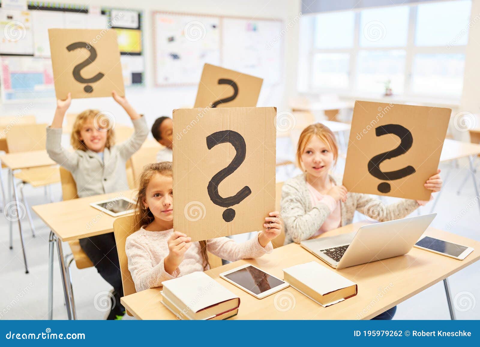 Children with Question Marks for Orientation Stock Photo - Image of ...