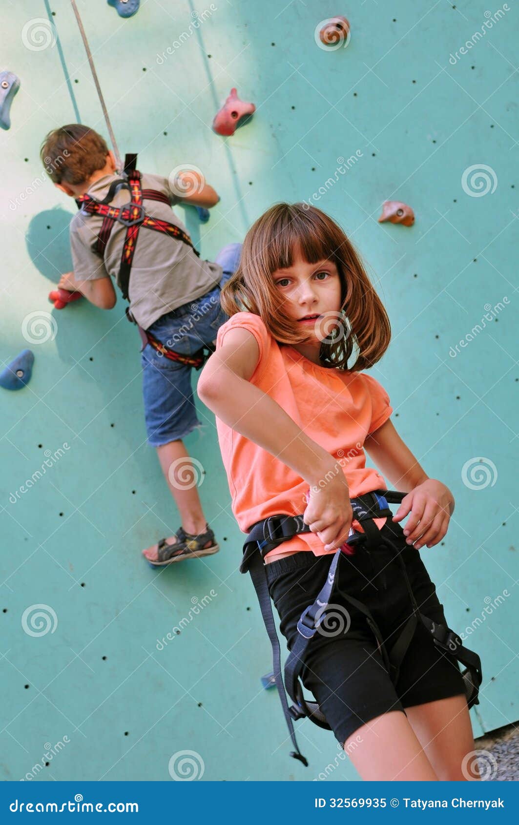 Children with Climbing Equipment Against the Training Wall Stock Image ...