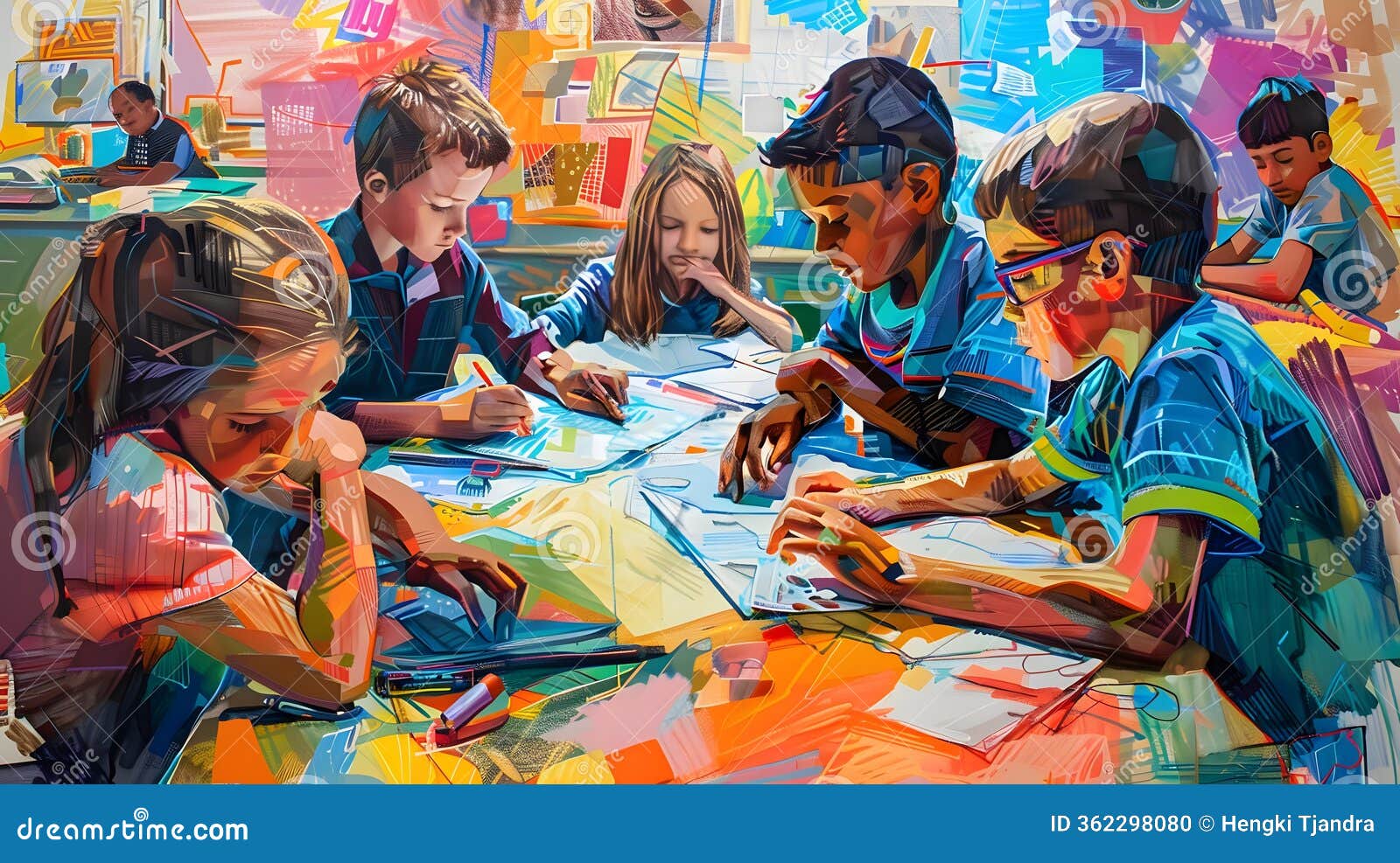Children Collaboratively Create Artwork in Vibrant Classroom Setting ...