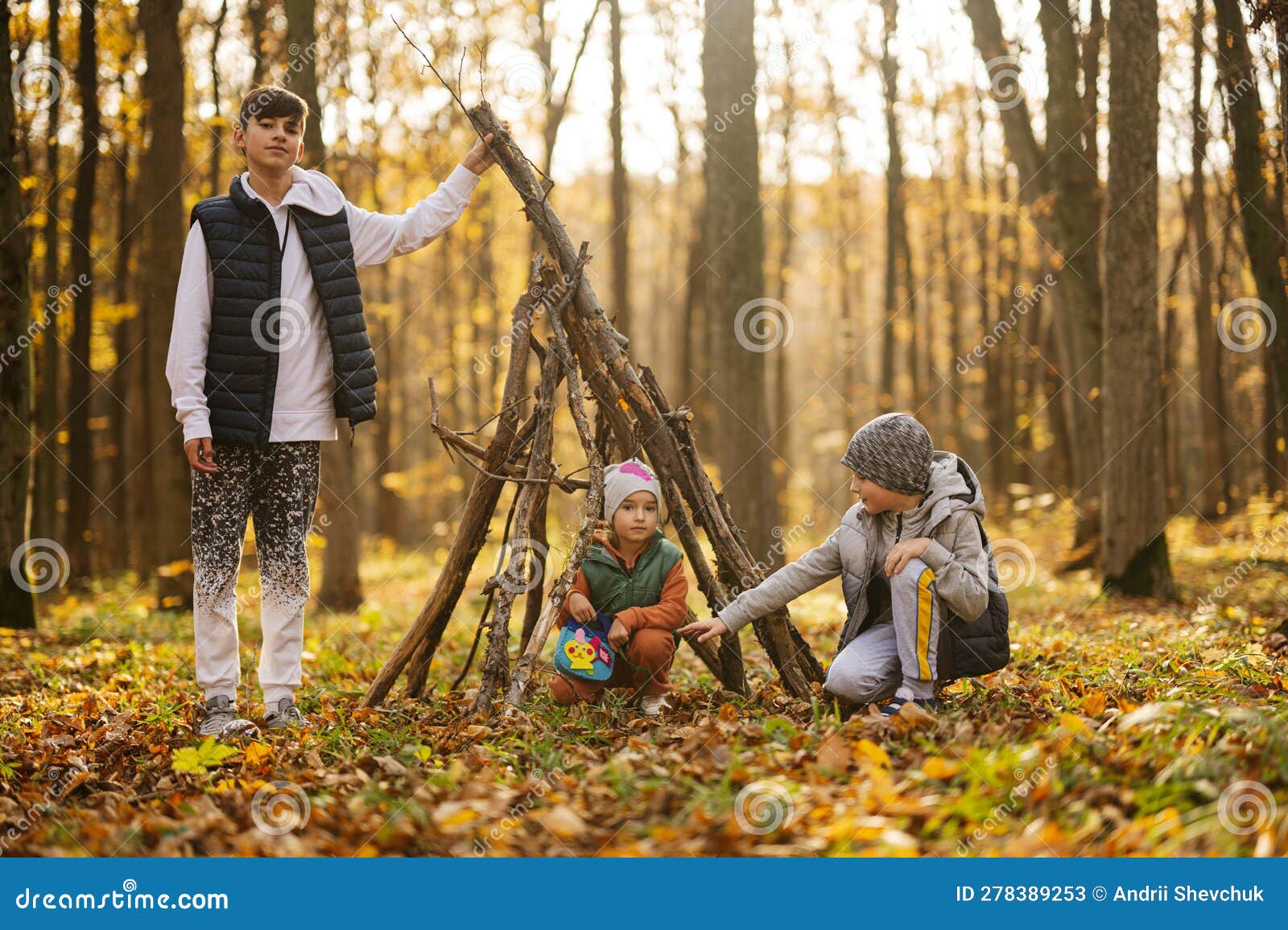 Children Constructs a House from Sticks in Autumn Forest Stock Image ...
