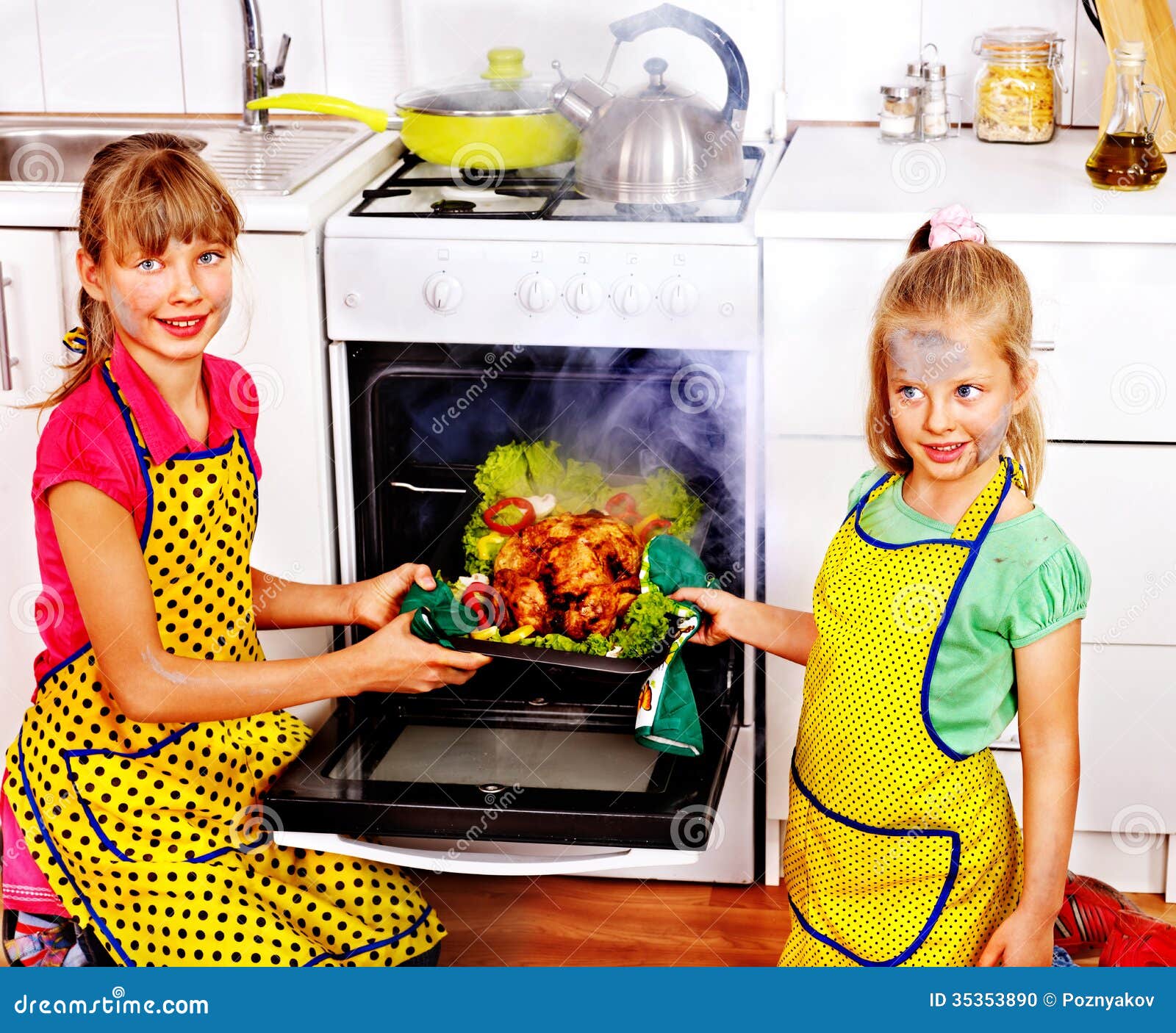 Children Cooking Chicken at Kitchen. Stock Photo - Image of food, chef ...