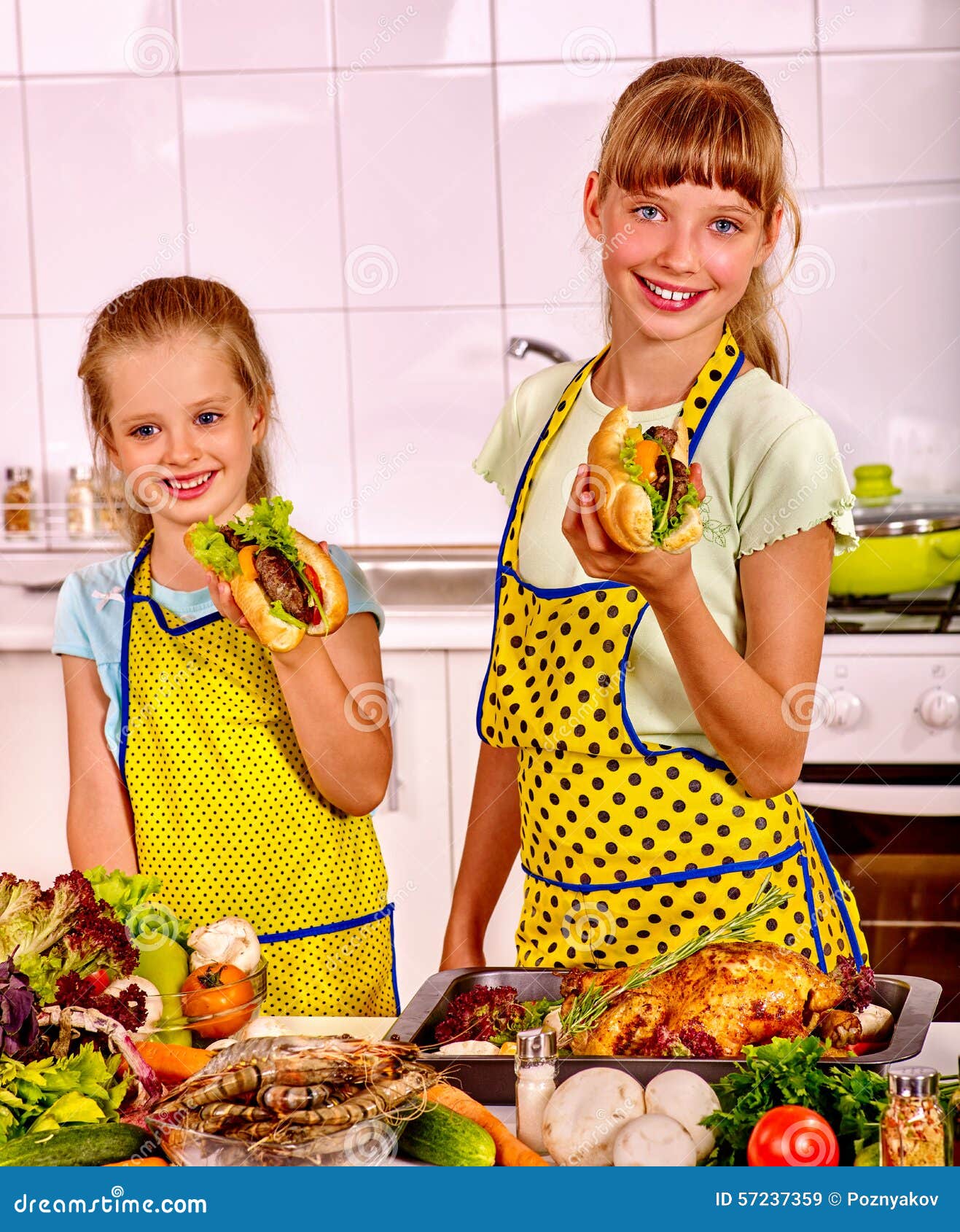Children Cooking Chicken at Kitchen Stock Image - Image of interior ...