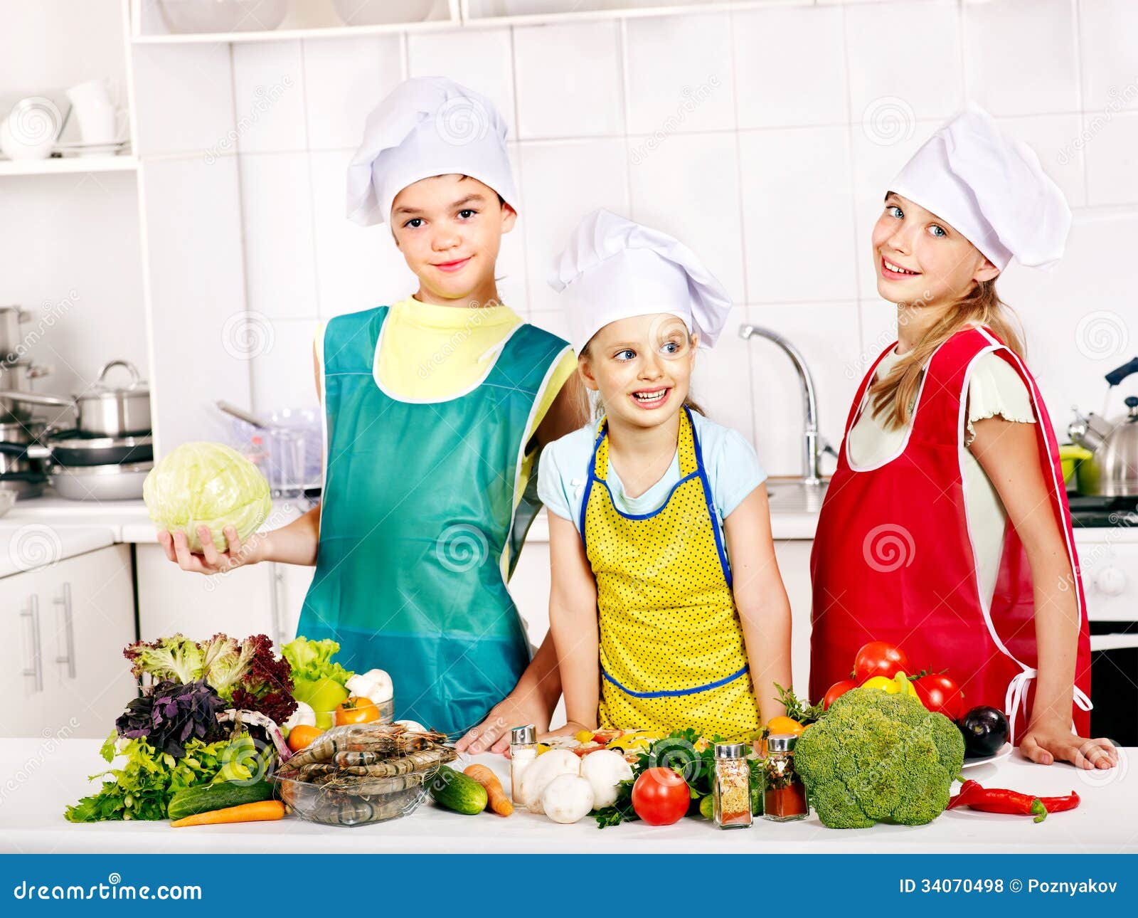 Children Cooking at Kitchen. Stock Photo - Image of pinafore, people ...