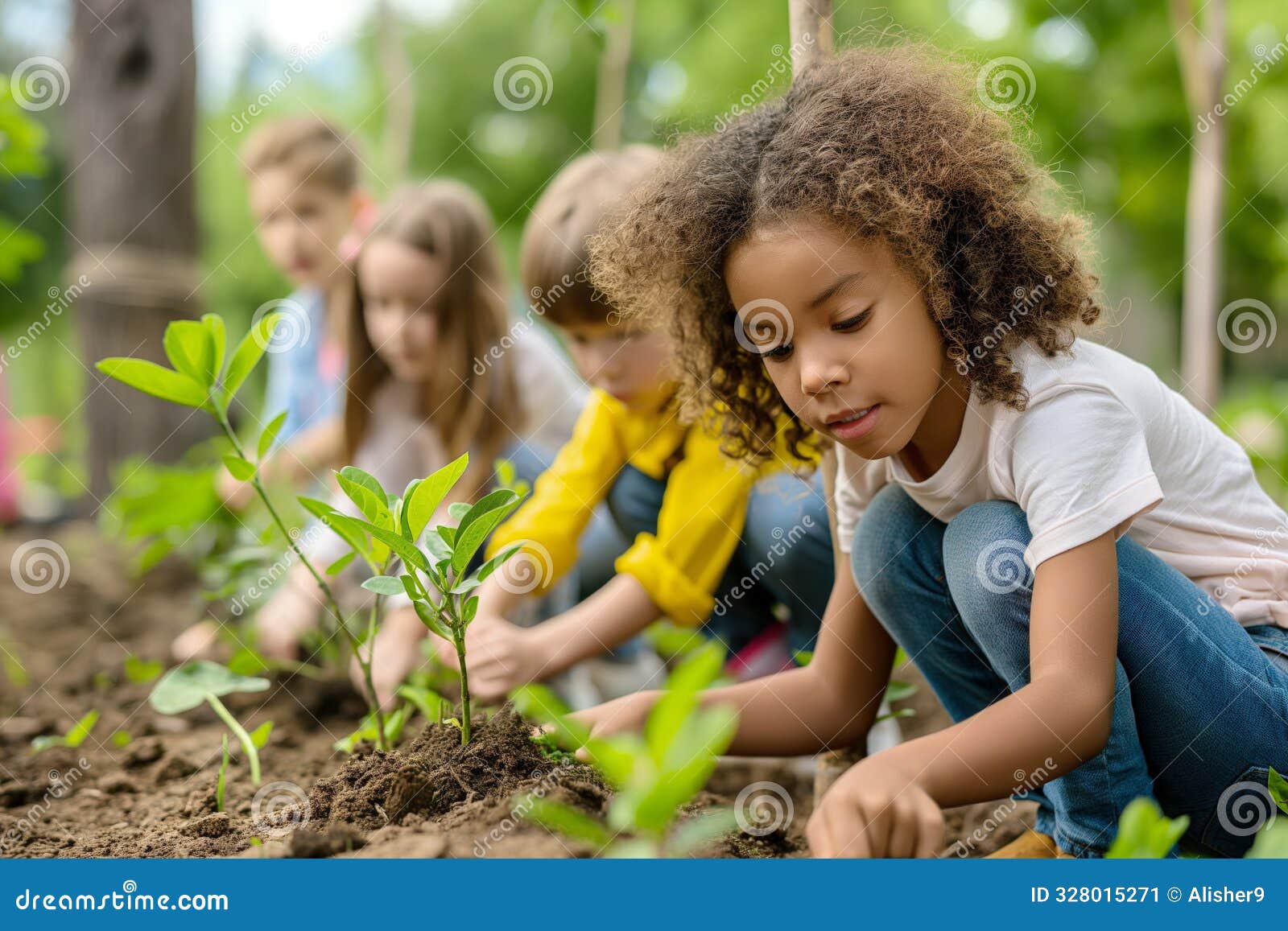 Children Cooperation Planting Tree Garden Soil Ecology Learning Stock ...