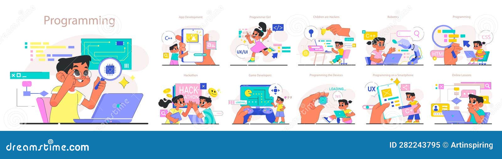 Children Do Programming Set. Computer Science, AI, Game Technologies Stock Vector - Illustration ...