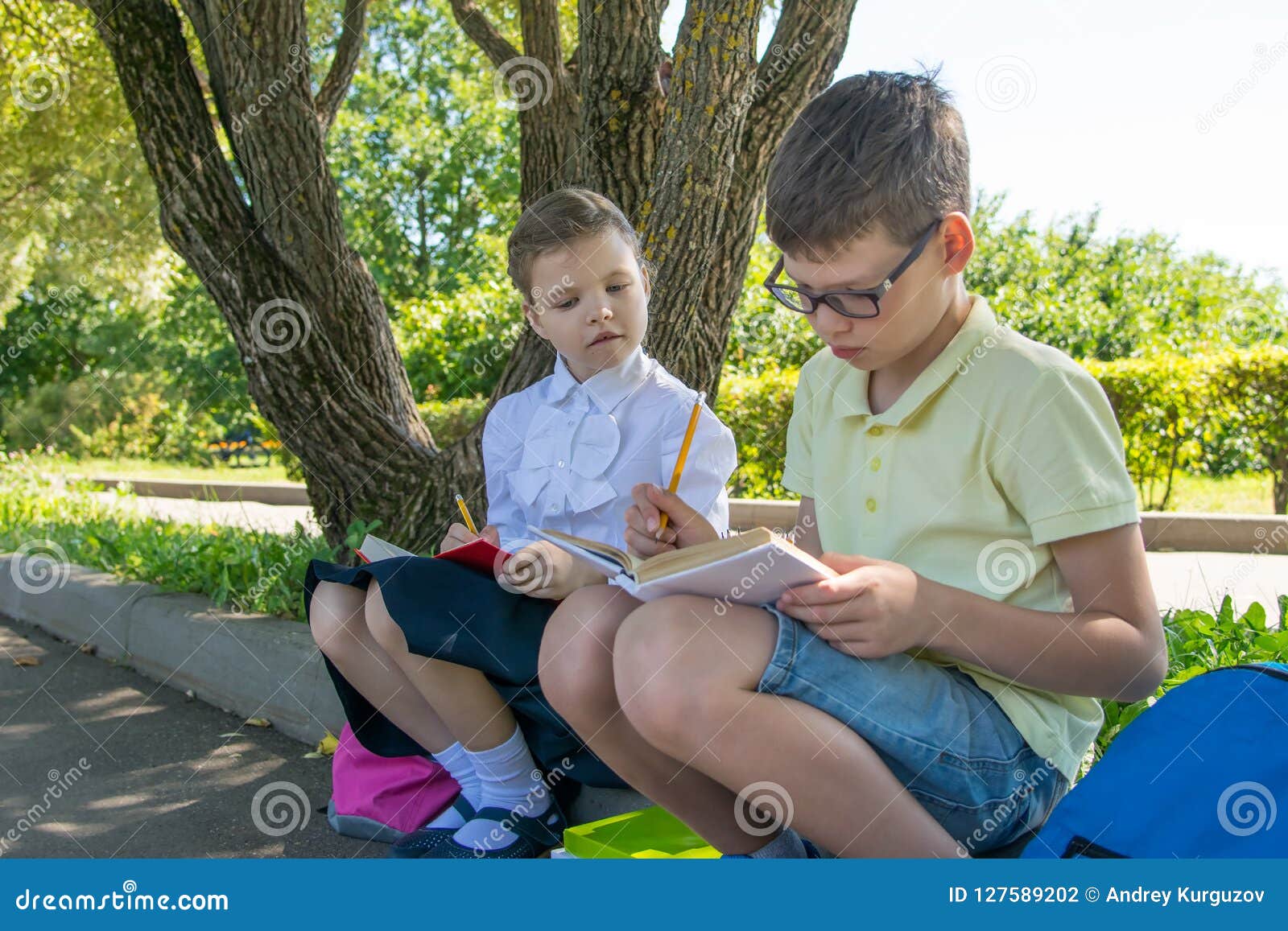 Children Do Tasks Together, Discussing Solutions in the Open Air Stock ...