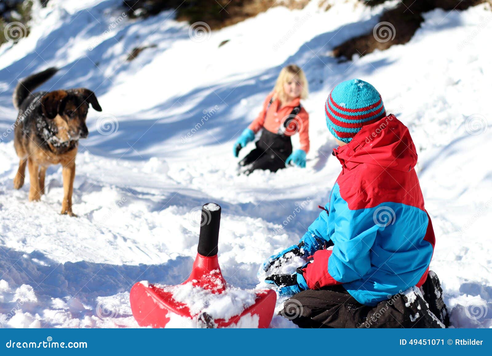 Children and dog in snow stock image. Image of activity - 49451071