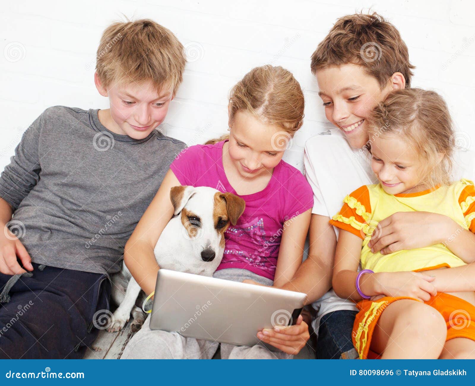 Children and Dog with Tablet Stock Photo - Image of reading, people ...