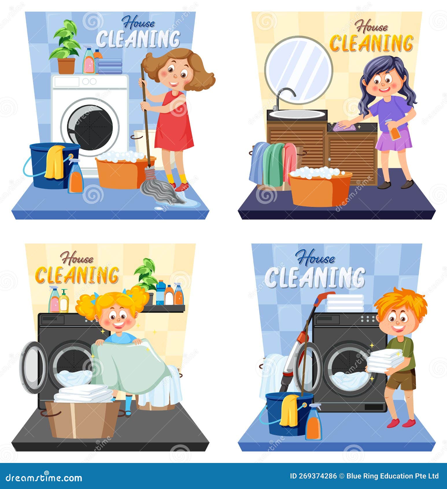Children Doing Housework Characters Set Stock Vector - Illustration of ...